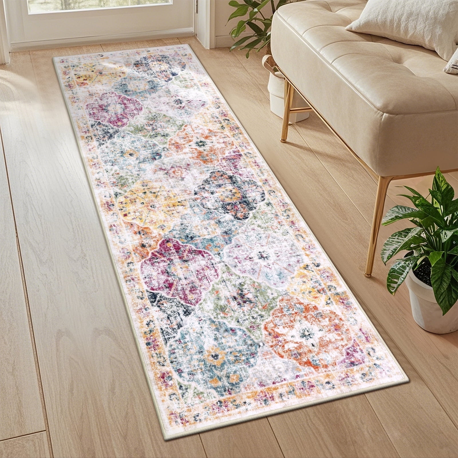 MeyJey 2'x6' Vintage Runner Rug, Distressed Faux Wool, Non-Slip ...