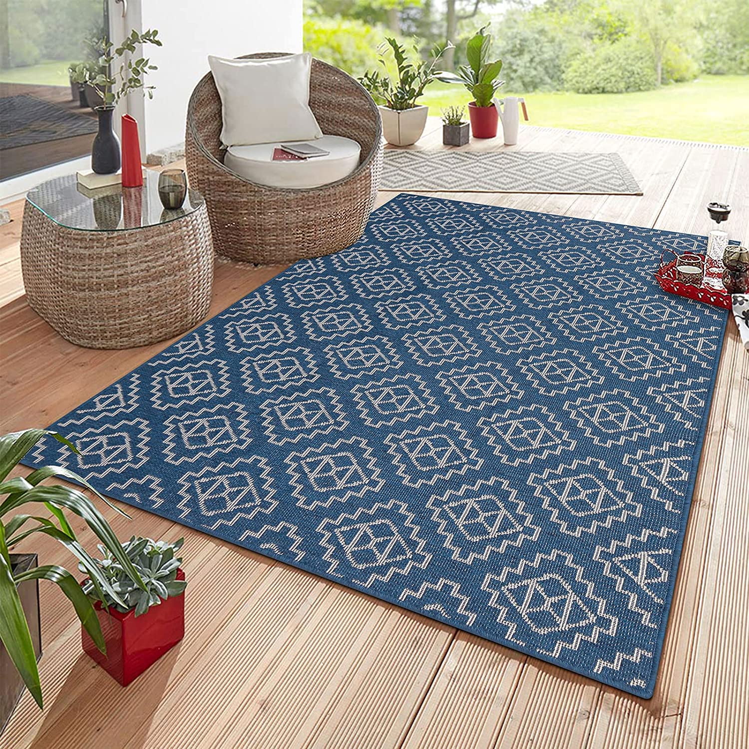 MeyJey 4'x6' Indoor Outdoor Area Rug, Chic Aztec Textured Weave Floor ...