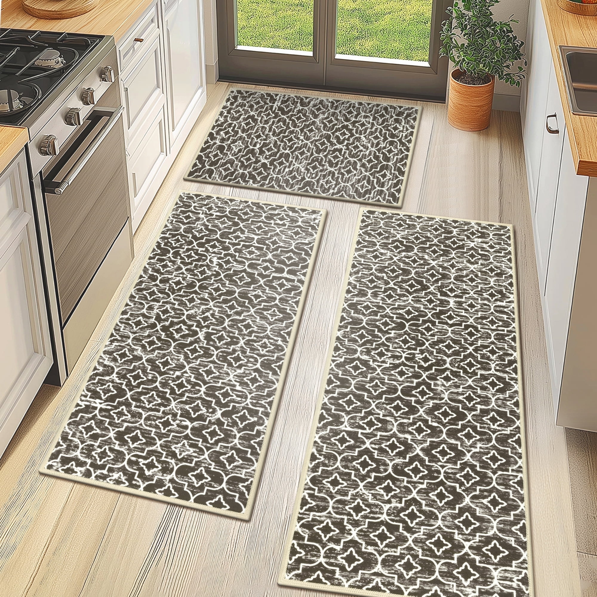 MeyJey 3 Piece Brown Kitchen Rug Set, Non Slip, Machine Washable for ...