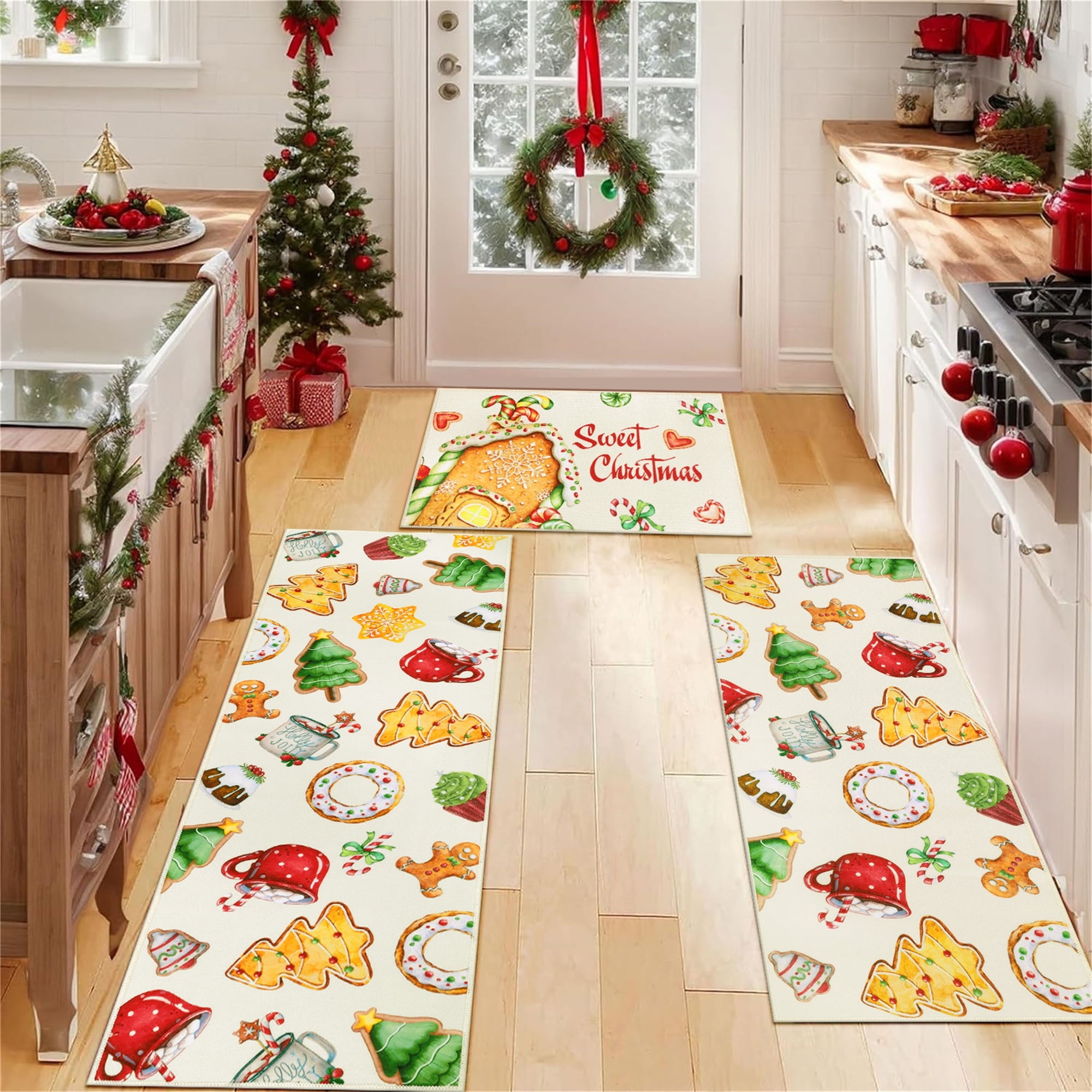 MeyJey Christmas Kitchen Rug Set, 3 Piece Non-Slip Kitchen Mat Machine ...