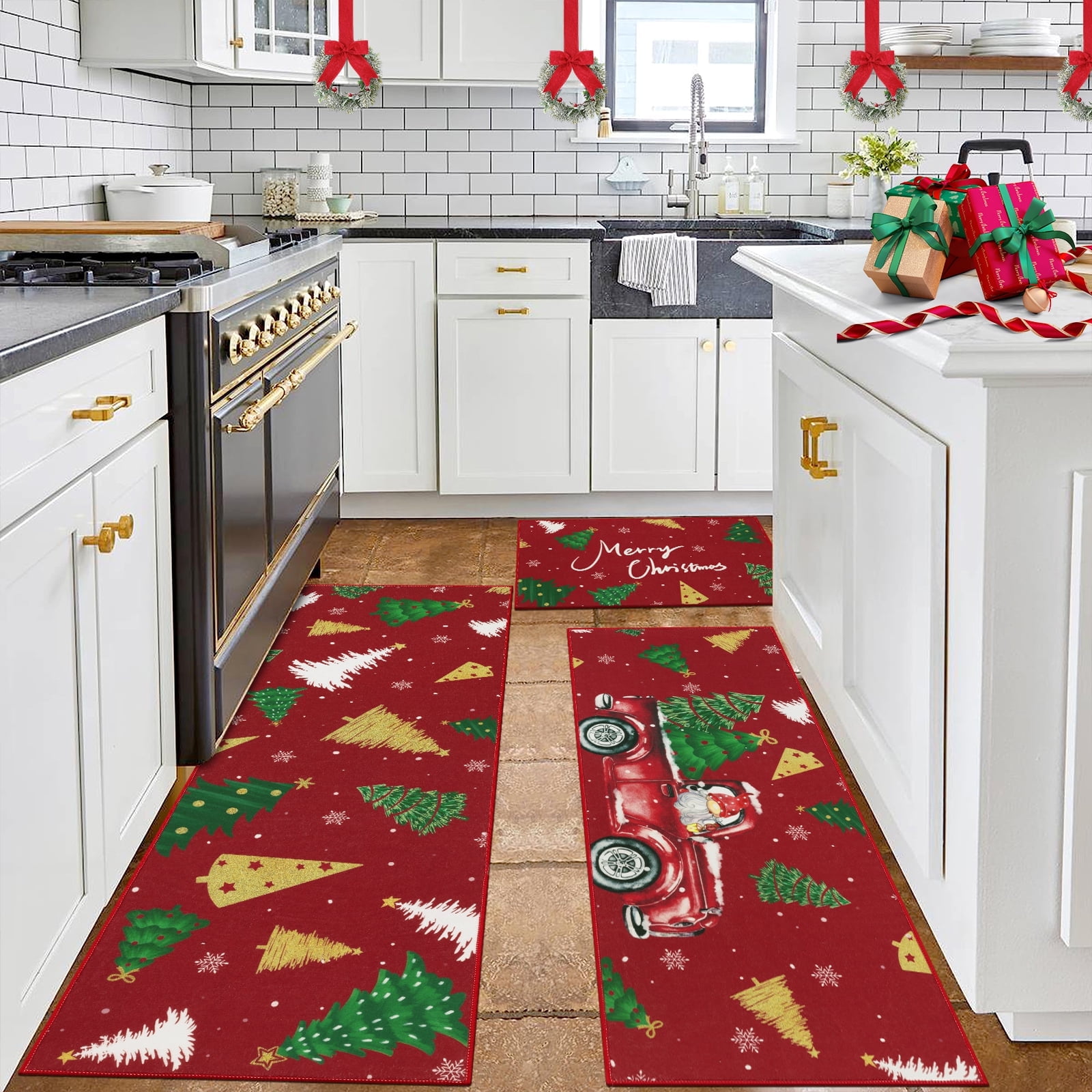 MeyJey Christmas Kitchen Rug Set, 3 Piece Non-Slip Kitchen Mat Machine ...