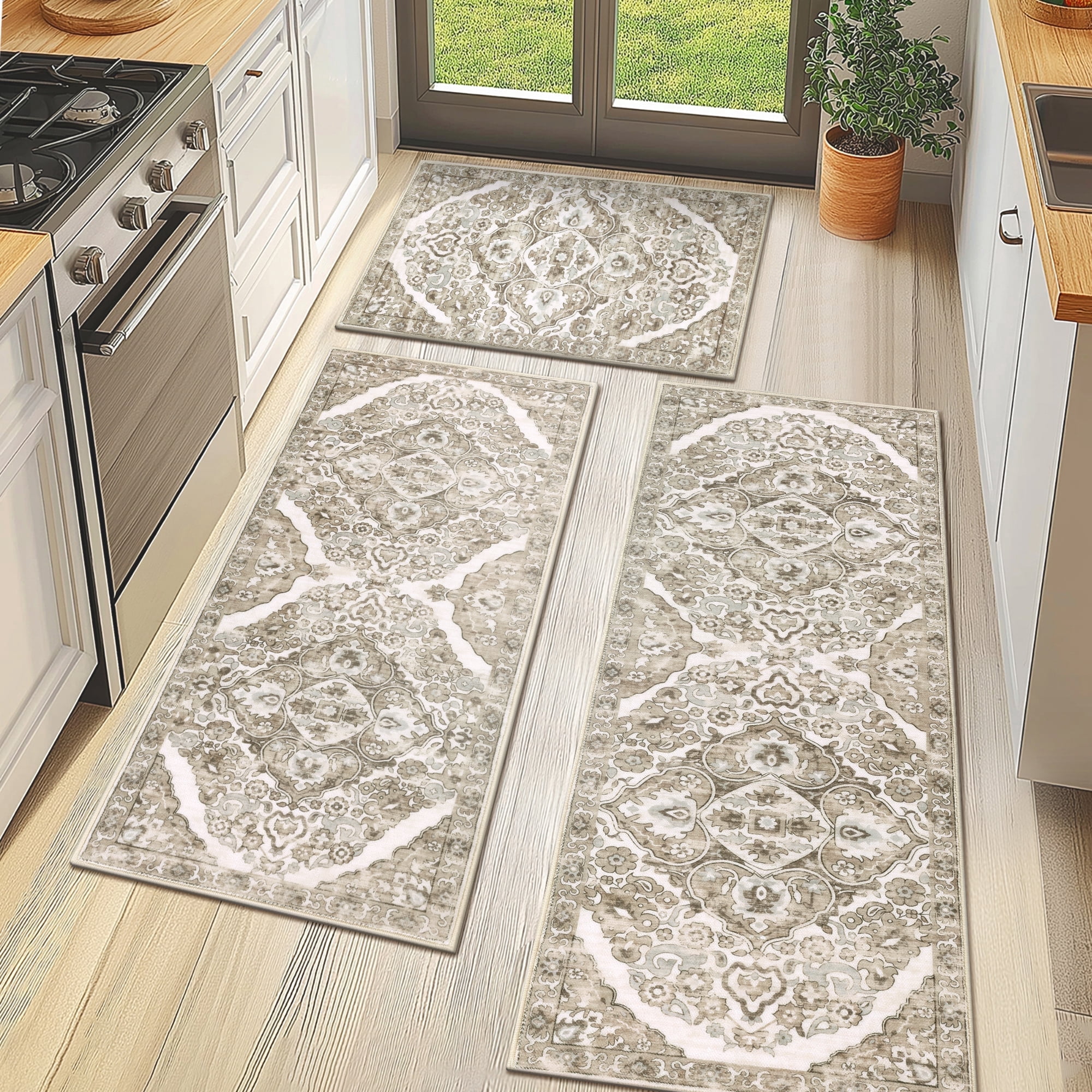 Free Shipping! MeyJey Boho Kitchen Rug and Mat Set 3 Piece Taupe ...