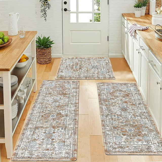 "MeyJey 3-Piece Non-Slip Waterproof Kitchen Rug Set, Cream/Tan, 20""x32 ...