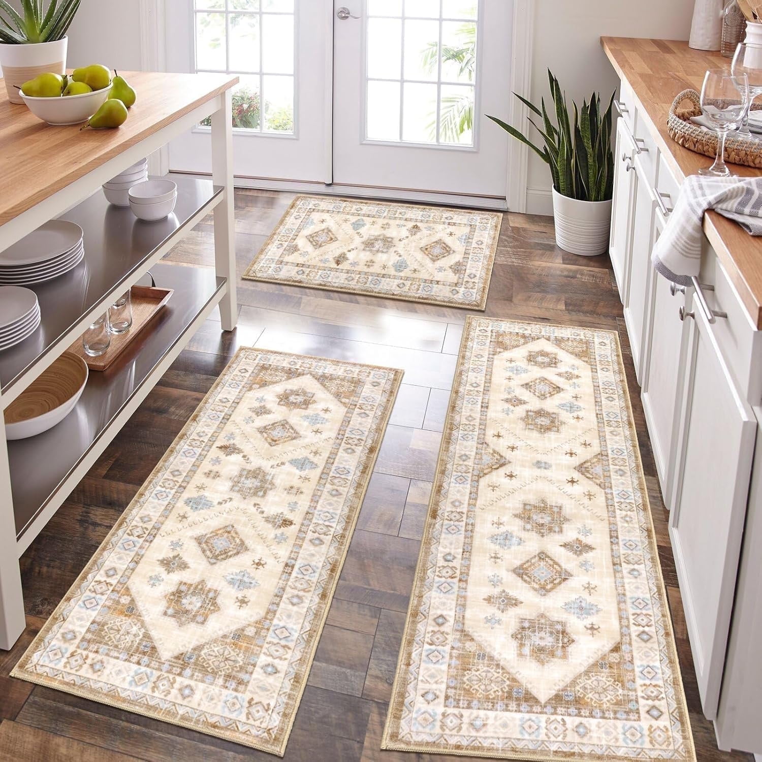 MeyJey Vintage Kitchen Rug Set, 3 Piece Non-Slip Kitchen Mat Machine ...