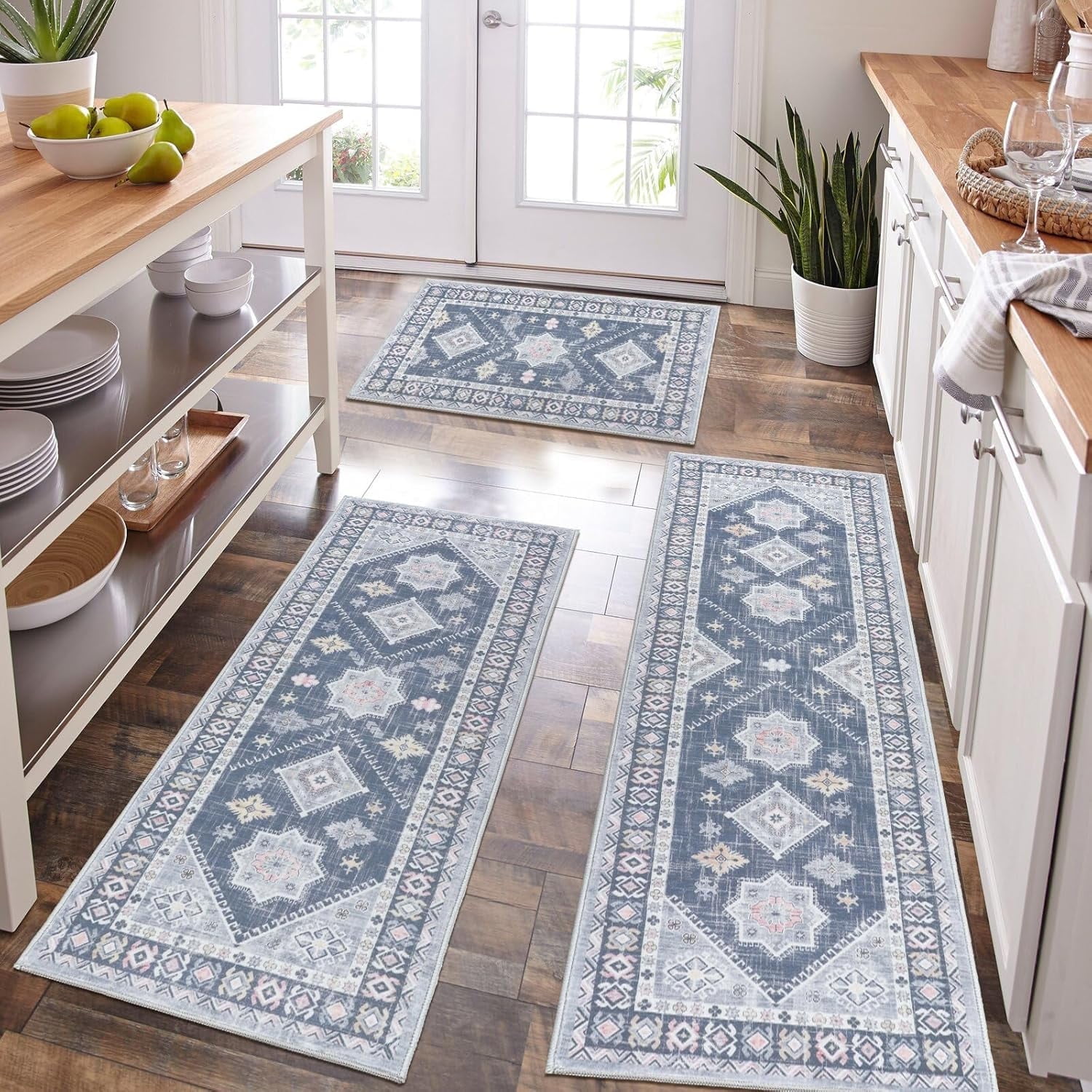 MeyJey Vintage Kitchen Rug Set, 3 Piece Non-Slip Kitchen Mat Machine ...