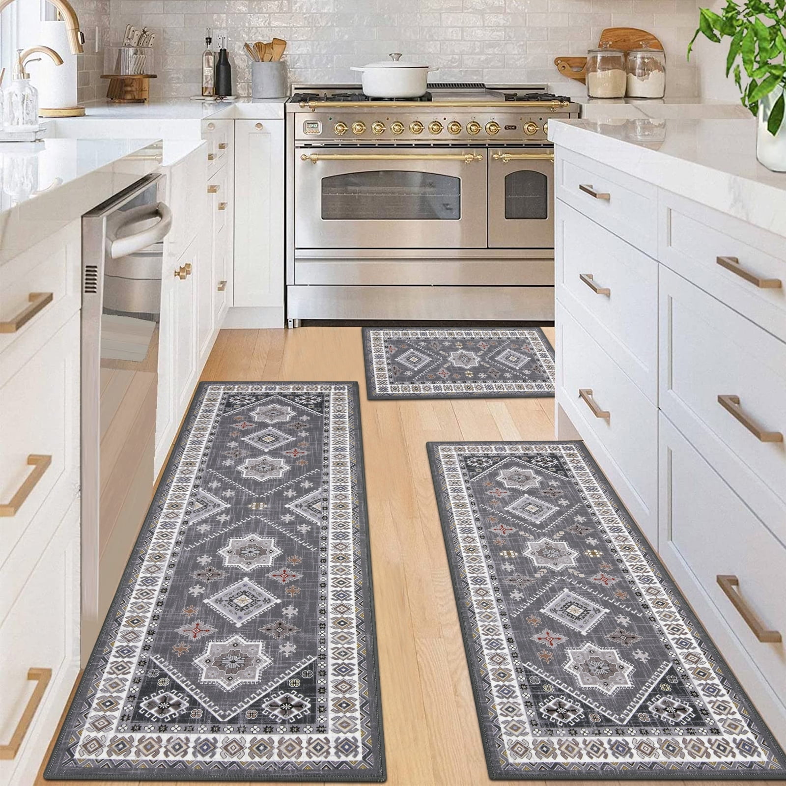 MeyJey 3 Piece Vintage Distressed Kitchen Rug Set, Non-Slip, Machine ...