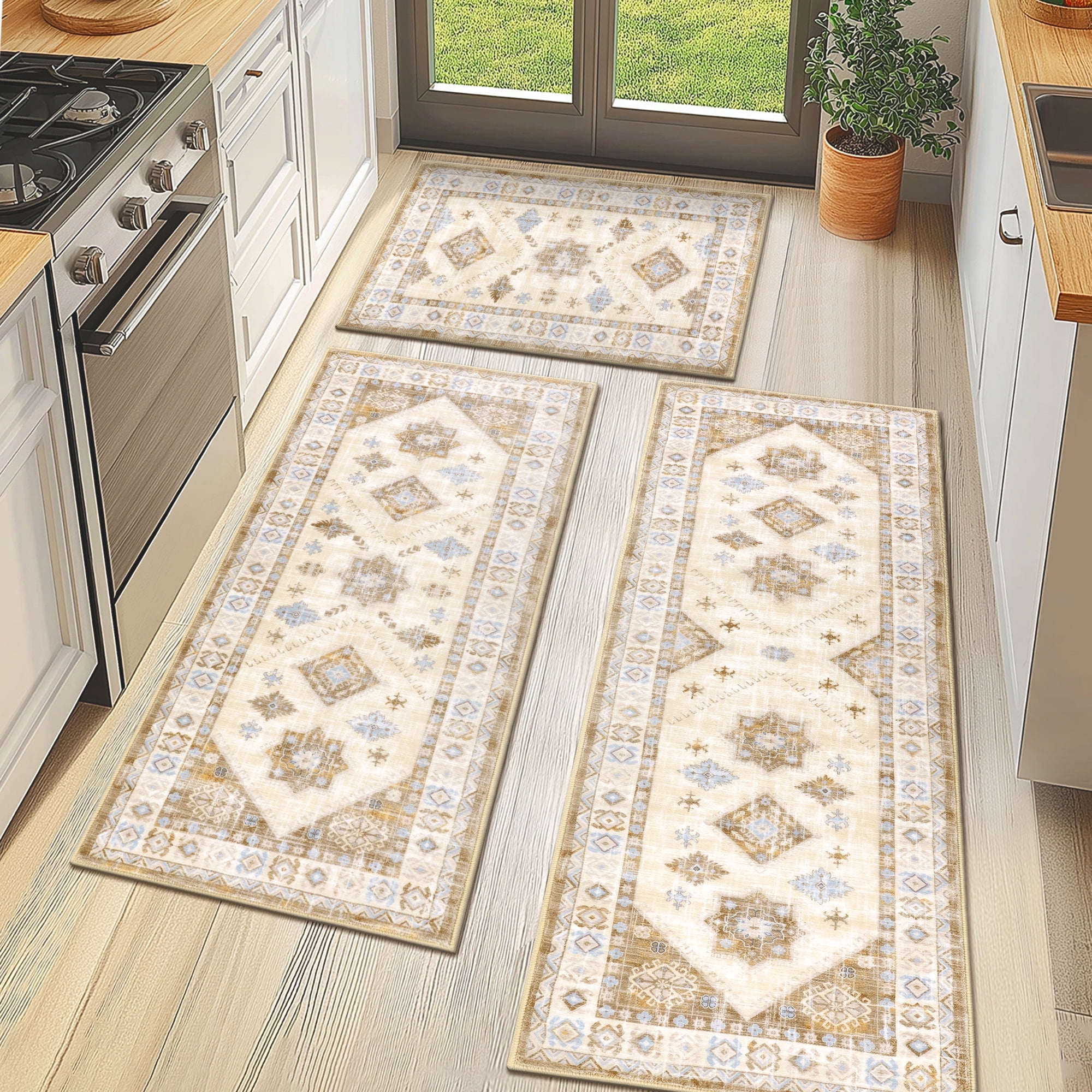 MeyJey Vintage Kitchen Rug Set, 3 Piece Non-Slip Kitchen Mat Machine ...