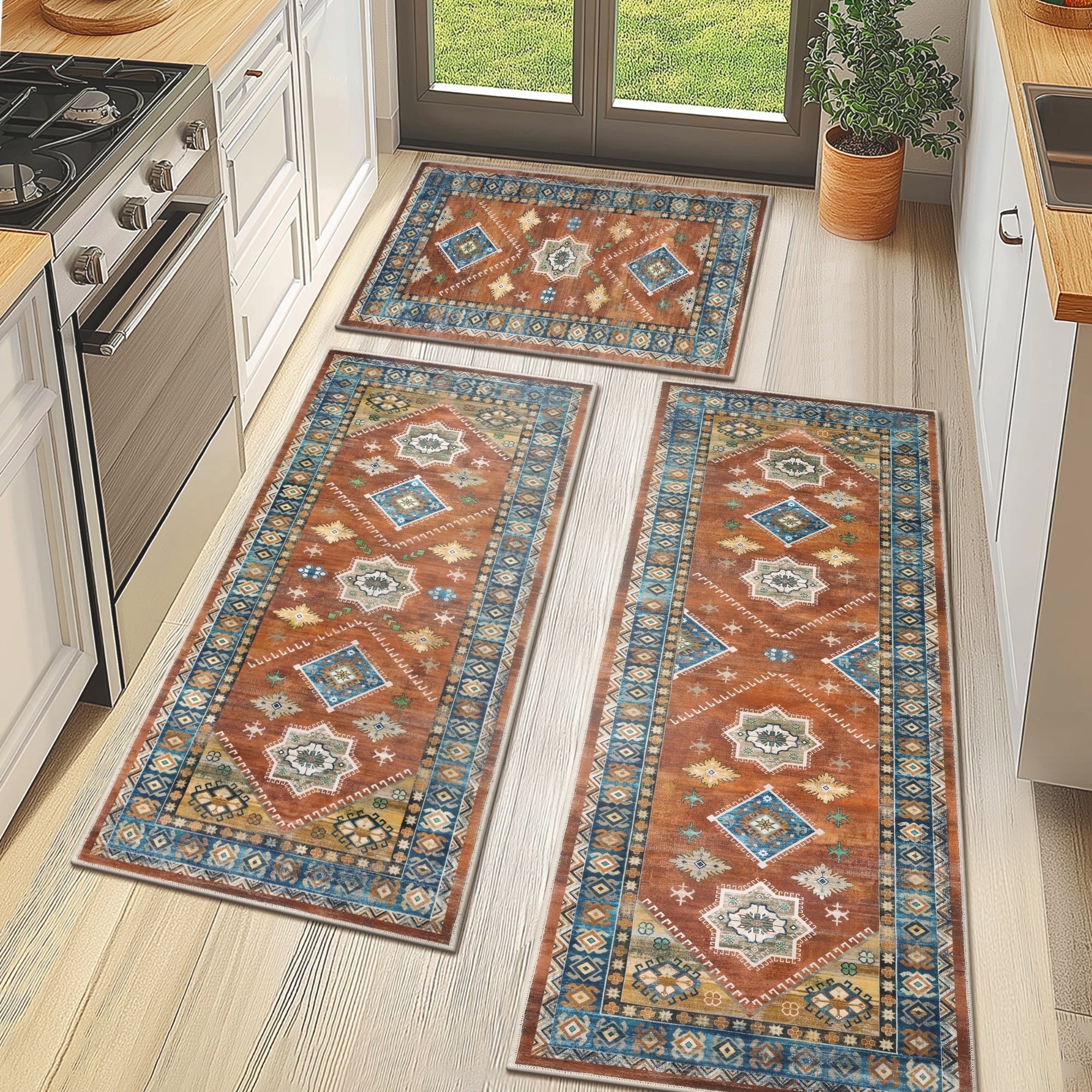 MeyJey Vintage Kitchen Rug Set, 3 Piece Non-Slip Kitchen Mat Machine ...