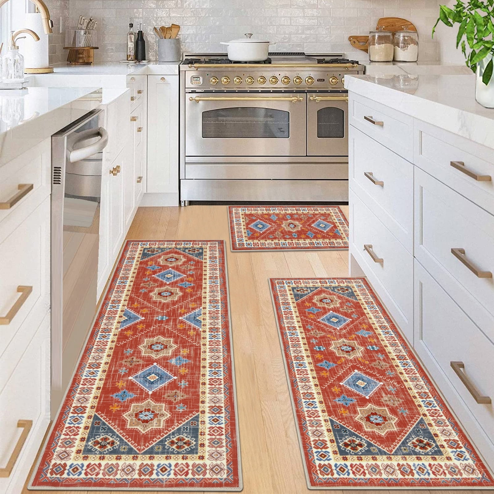 MeyJey Vintage Kitchen Rug Set, 3 Piece Non-Slip Kitchen Mat Machine ...