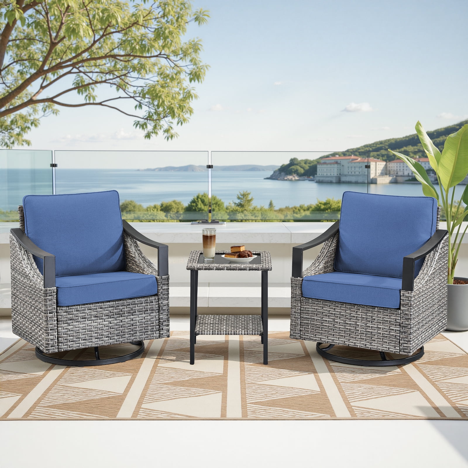 OPOHORO 3-Piece Outdoor Conversation Set with Swivel Rocking Chairs and ...