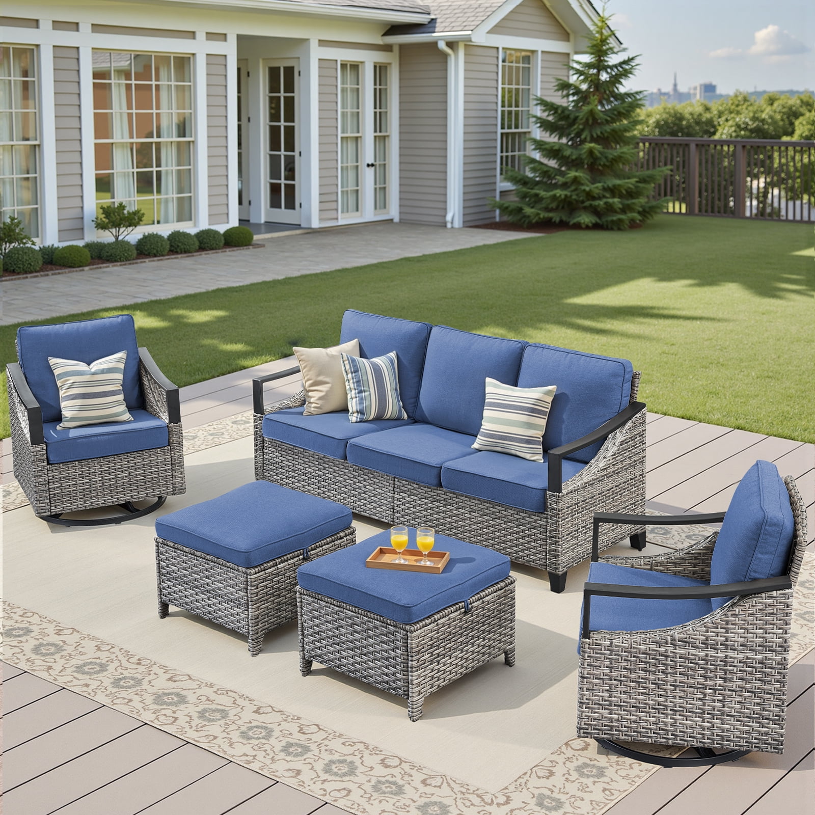 OPOHORO 5-Piece Outdoor Conversation Set with Patio Wicker Sofa, 2 ...