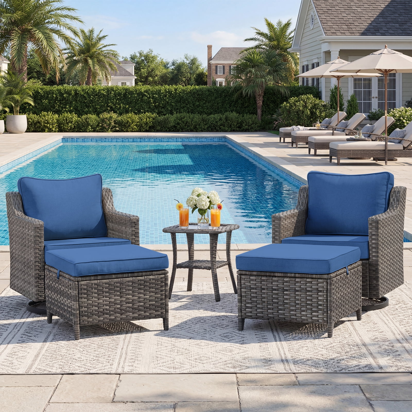 Opohoro 5 Piece Outdoor Swivel Rocker Patio Chairs Set with 2 Ottomans ...
