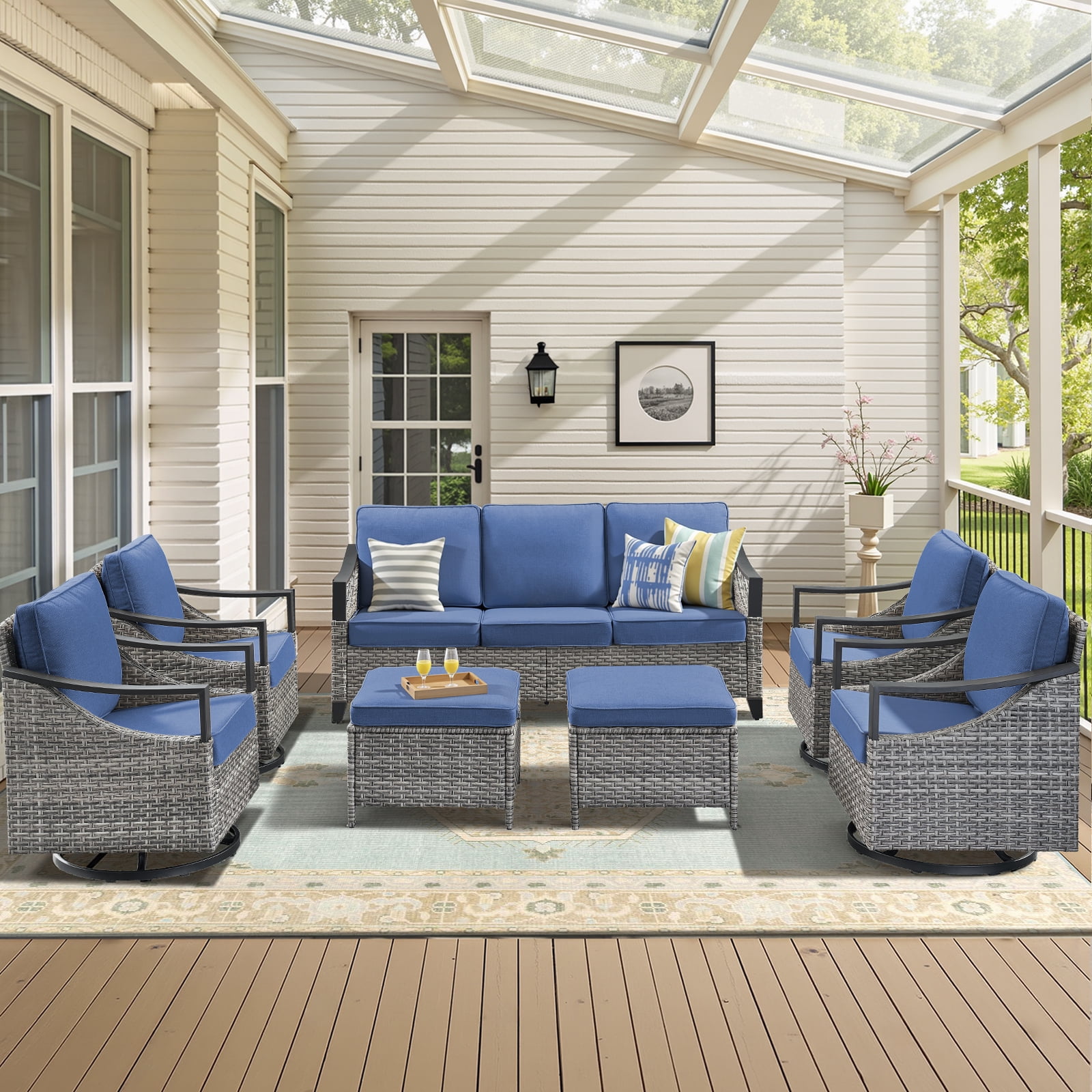 Meyreso 7-Piece Outdoor Conversation Set with Patio Sofa, 4 Swivel ...