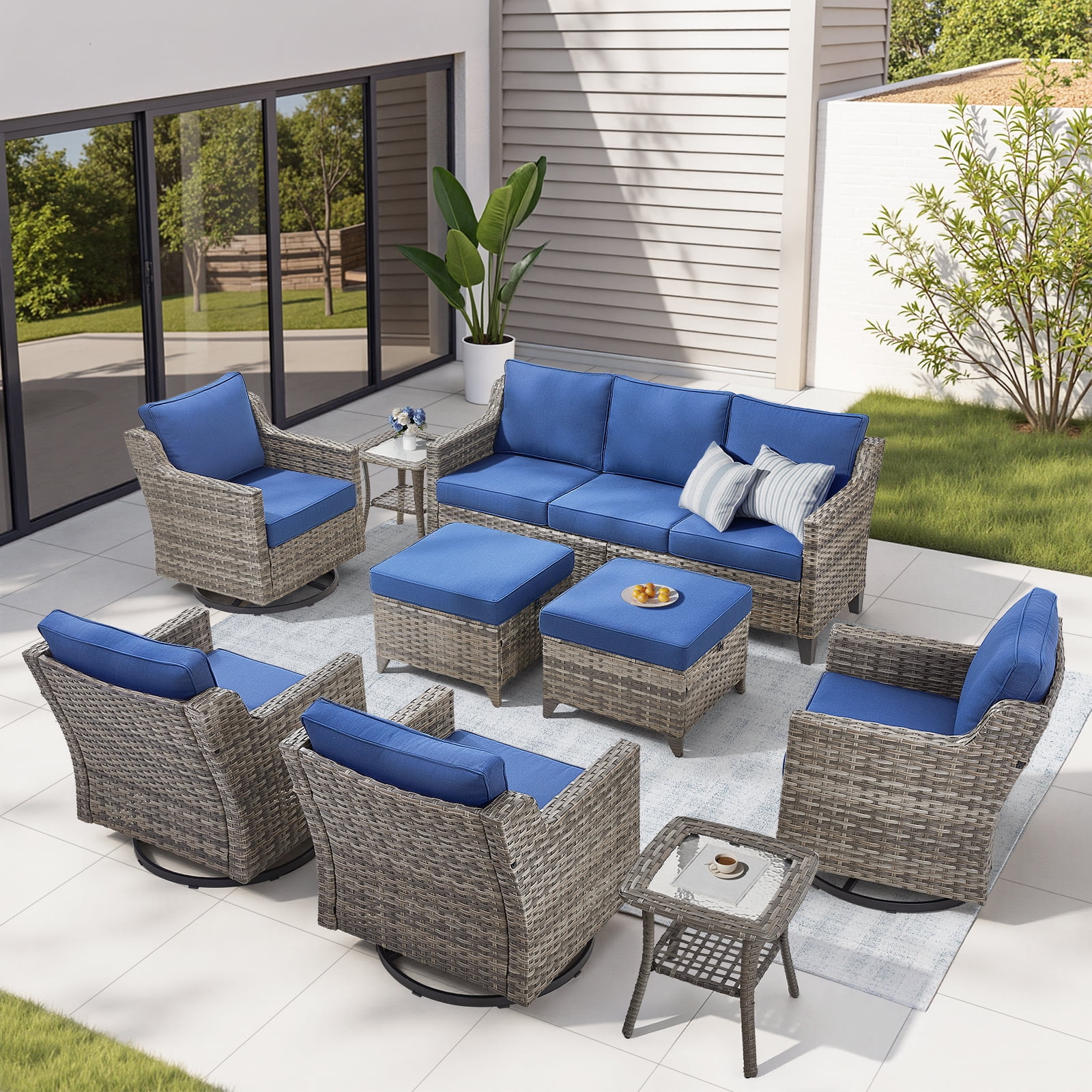 Meyreso Outdoor 9 Pieces Conversation Set, Gray Wicker Patio Couch with ...