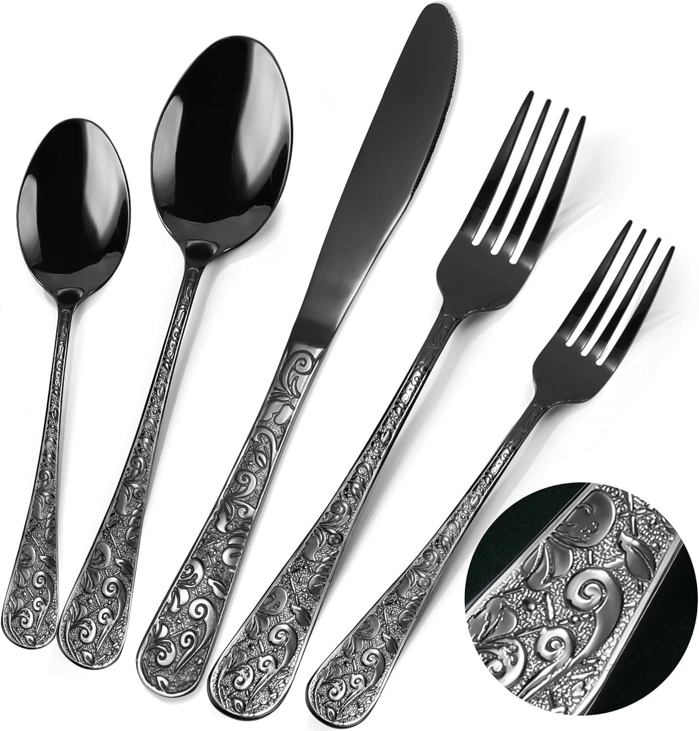Meythway 40-Piece Vintage Carved Black Silverware Set for 8, Stainless ...
