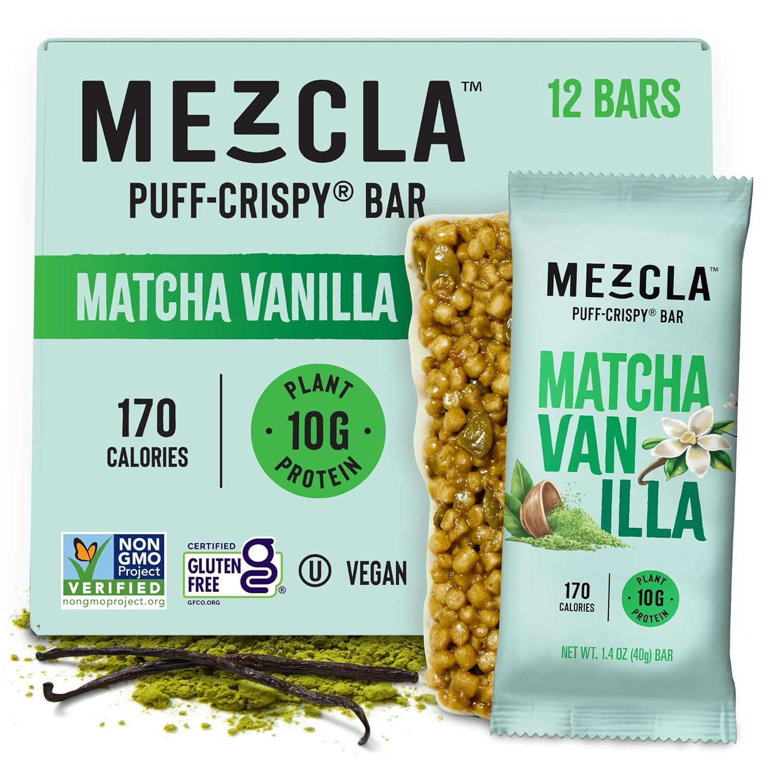 Mezcla Vegan Protein Bars, Gluten Free Snack - Matcha Vanilla, 10g of ...