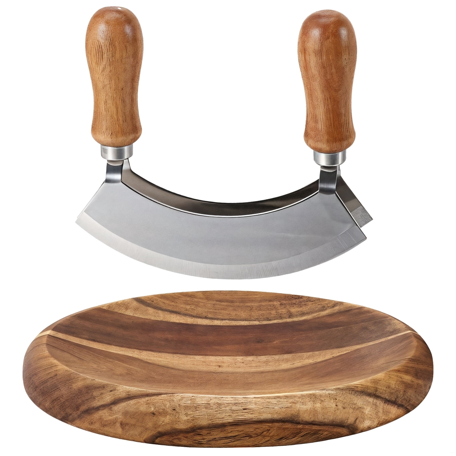 Mezzaluna Knife and Round Chopping Board, Stainless Steel Dual Blade ...