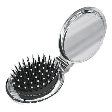 Portable Folding Hair Brush With Mirror Compact Travel Comb - Black (2 ...
