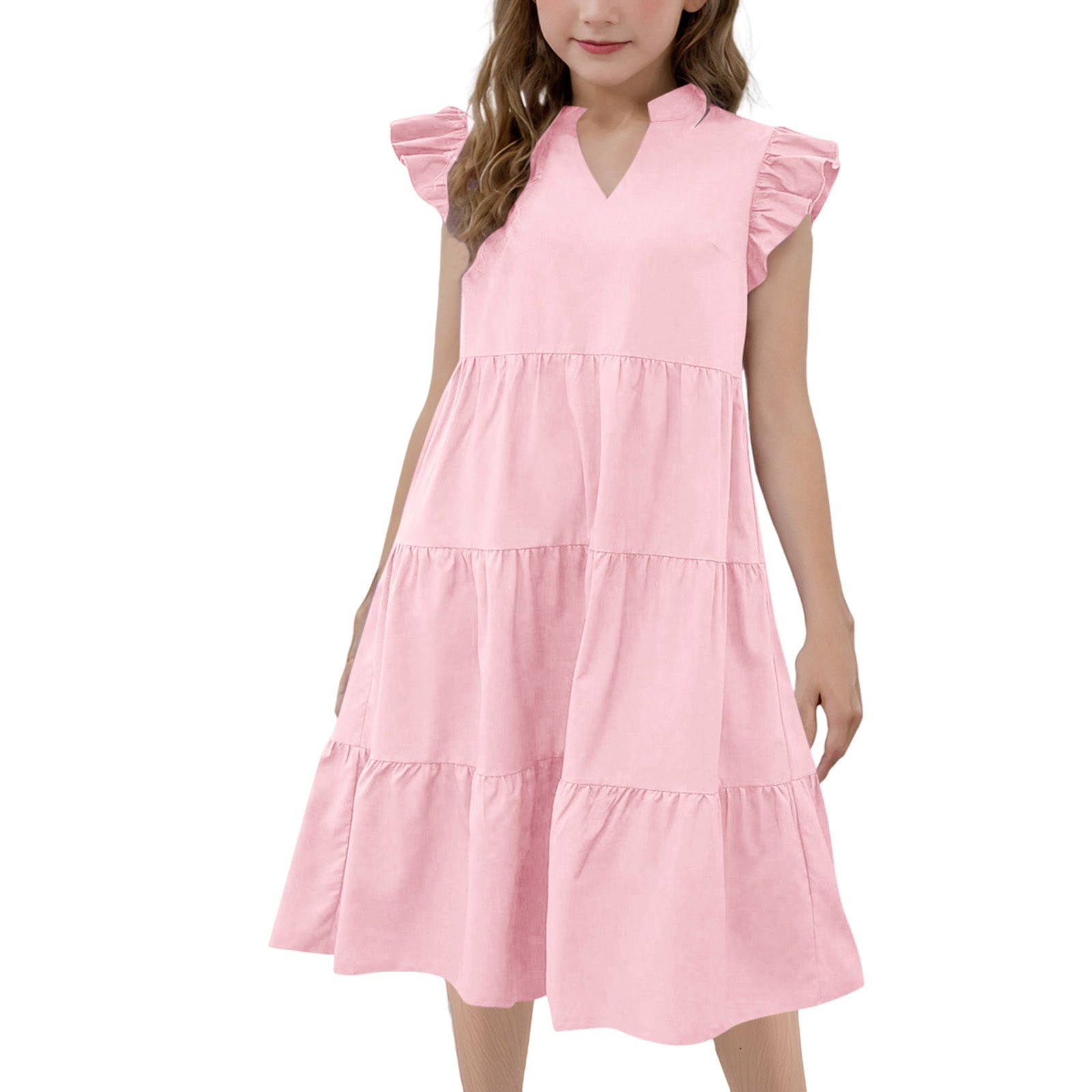 Mgmyaa Girl's Dresses Ruffle Sleeve Tiered Swing A-Line Cute Midi ...
