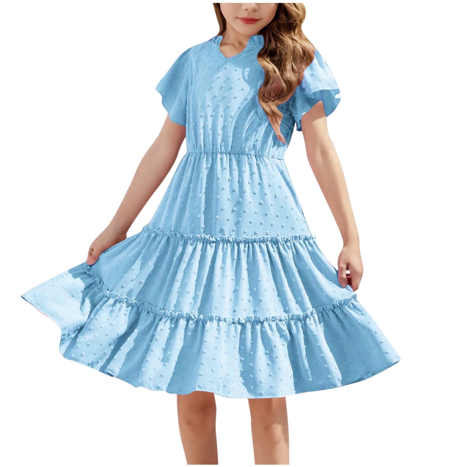 Mgmyaa Girl's Summer Dresses Flutter Ruffle Sleeve Tiered Swing Midi ...