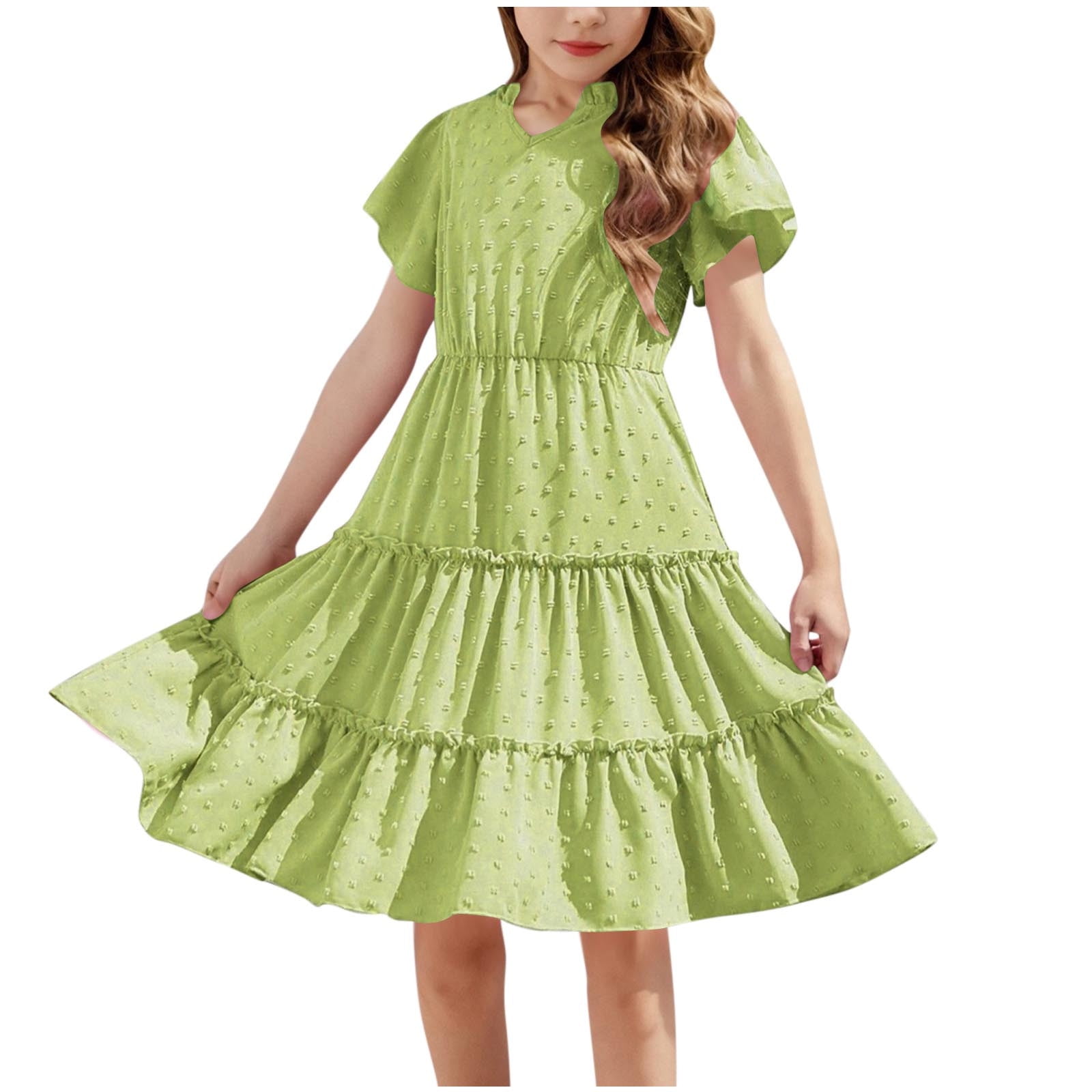 Mgmyaa Girl's Summer Dresses Flutter Ruffle Sleeve Tiered Swing Midi ...
