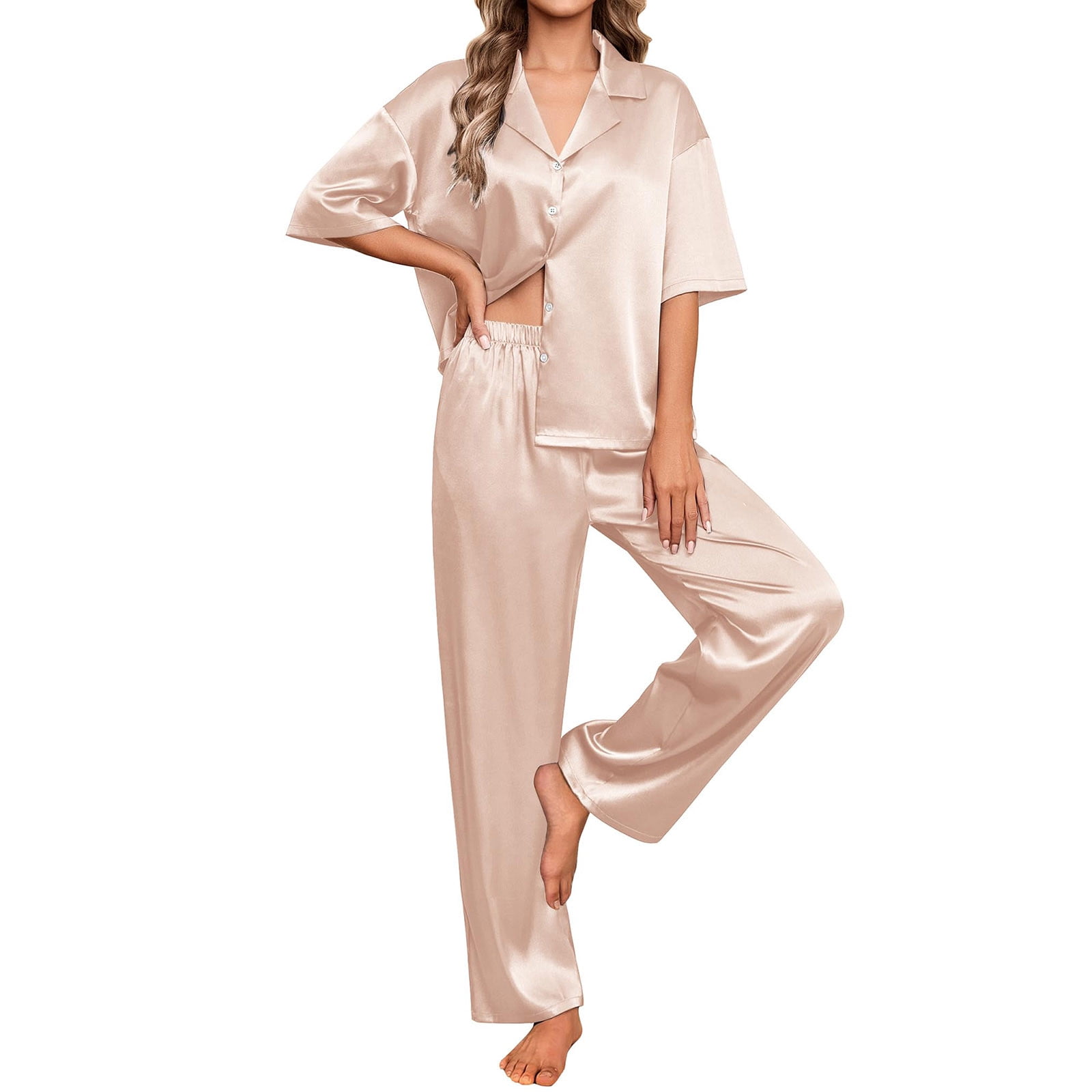 Mgmyaa Silk Pajamas Sets for Womens 2 Piece Satin Pjs Soft Button Down ...