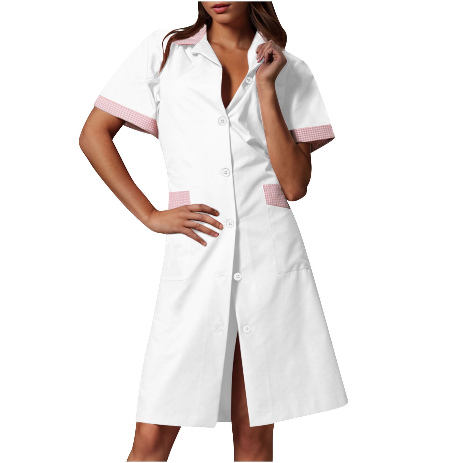 Mgmyaa Universal Scrub Dress for Women Button Splicing Lapel Caregiver ...