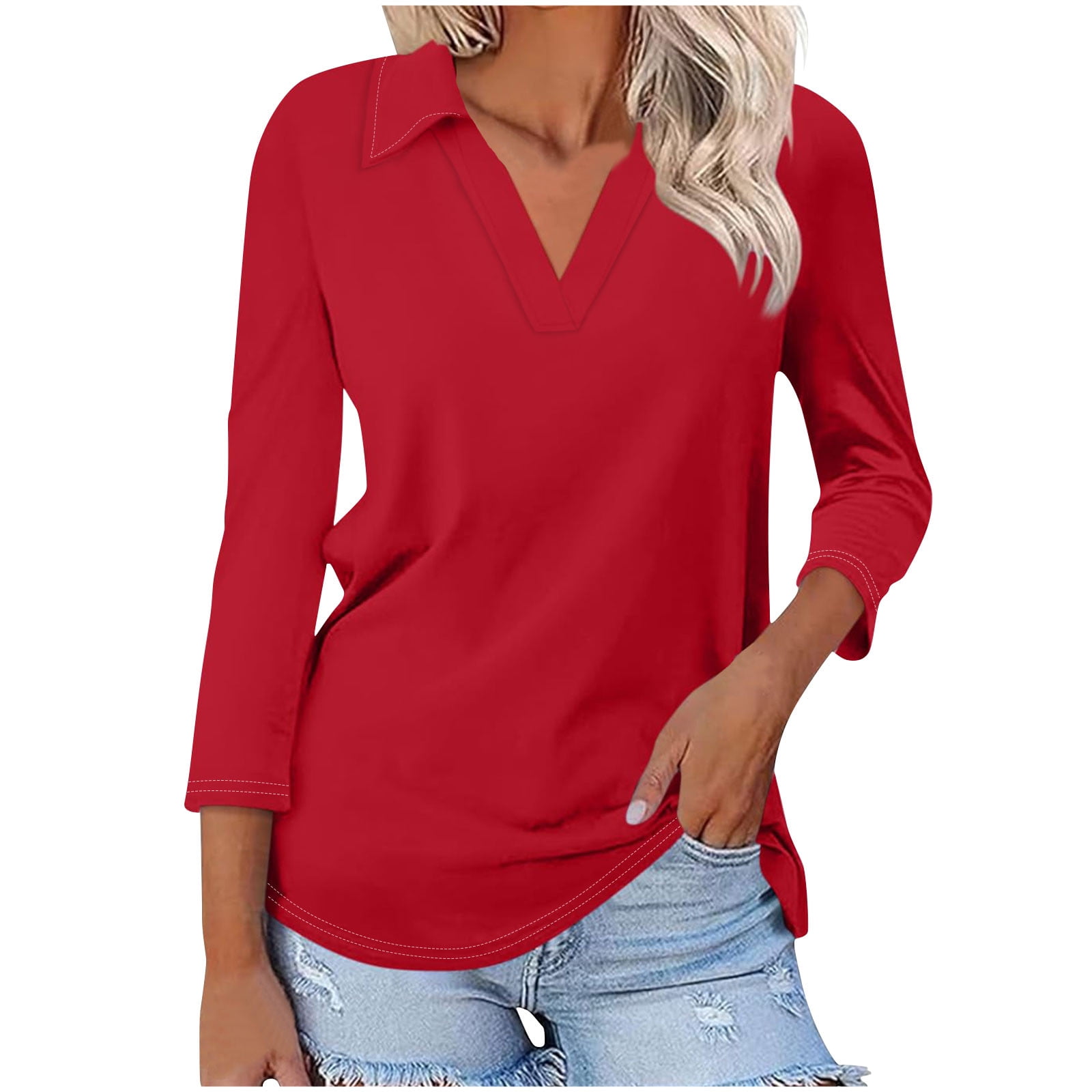 Mgmyaa Women's 3/4 Sleeve Tops Summer Fall Turn Down Collar Shirt V ...