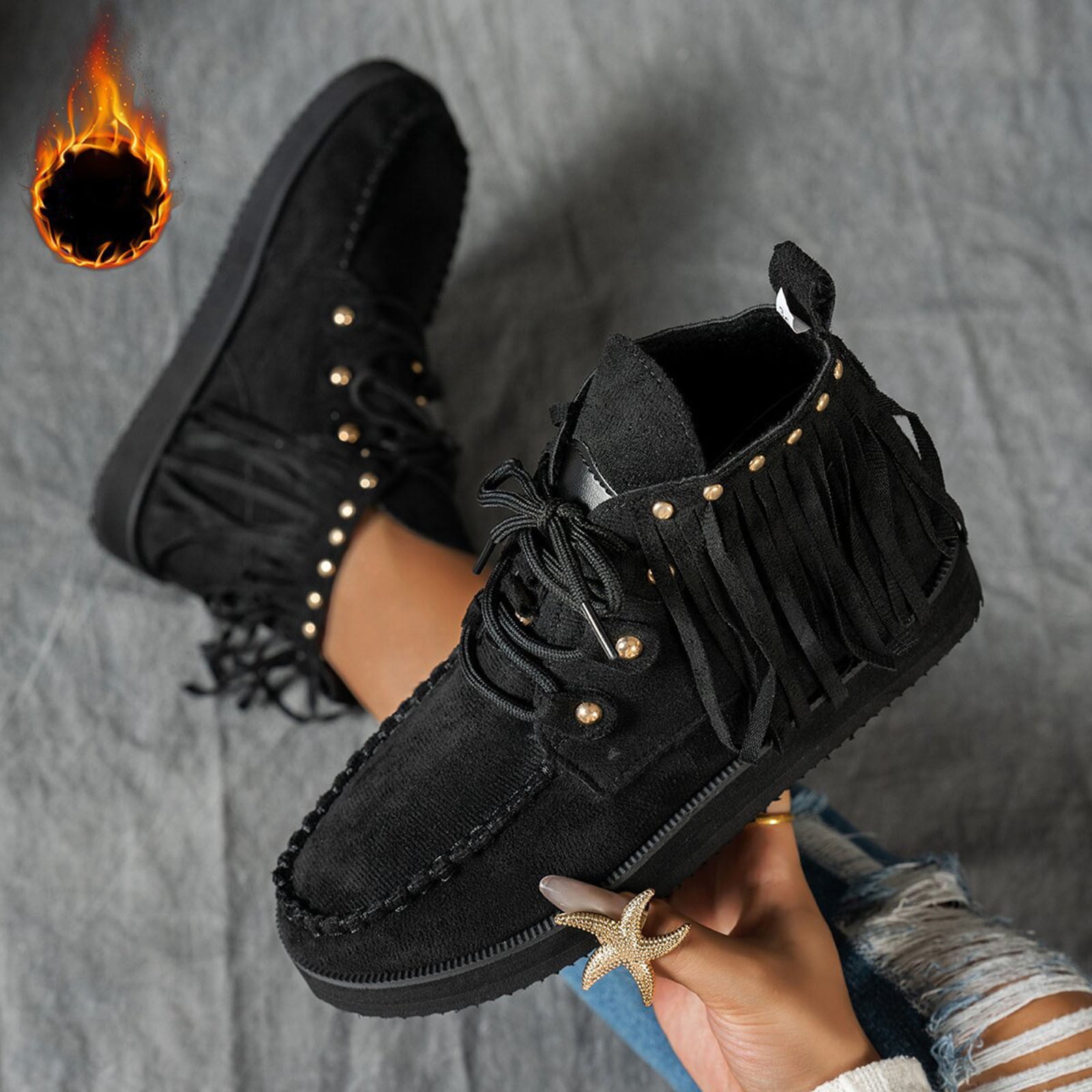 Mgmyaa Women's Ankle Boots Tassel Lace-Up Round Toe Low Block Heel ...