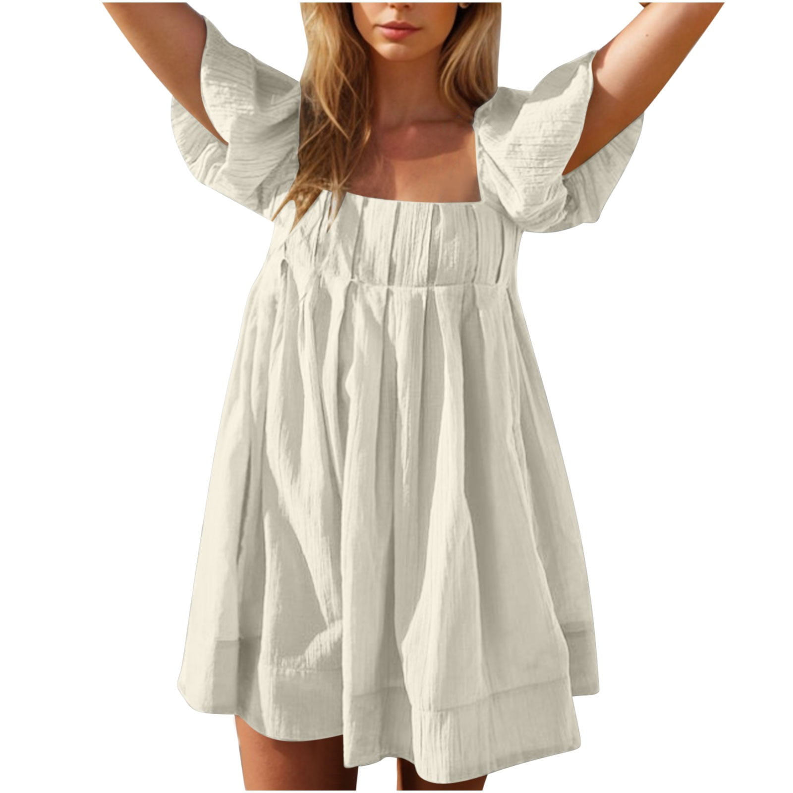 Mgmyaa Women's Cute Mini Dresses Solid Color Square Neck Front Pleated ...