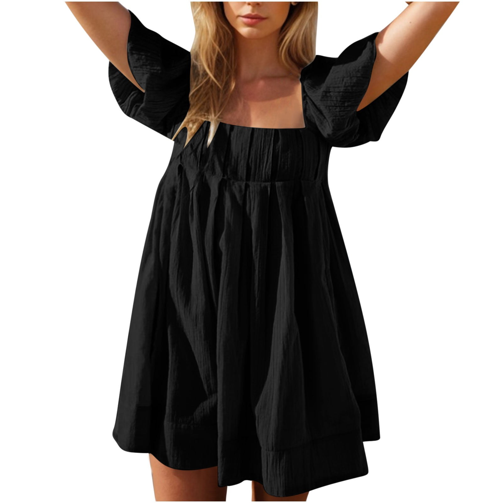 Mgmyaa Women's Cute Mini Dresses Solid Color Square Neck Front Pleated ...