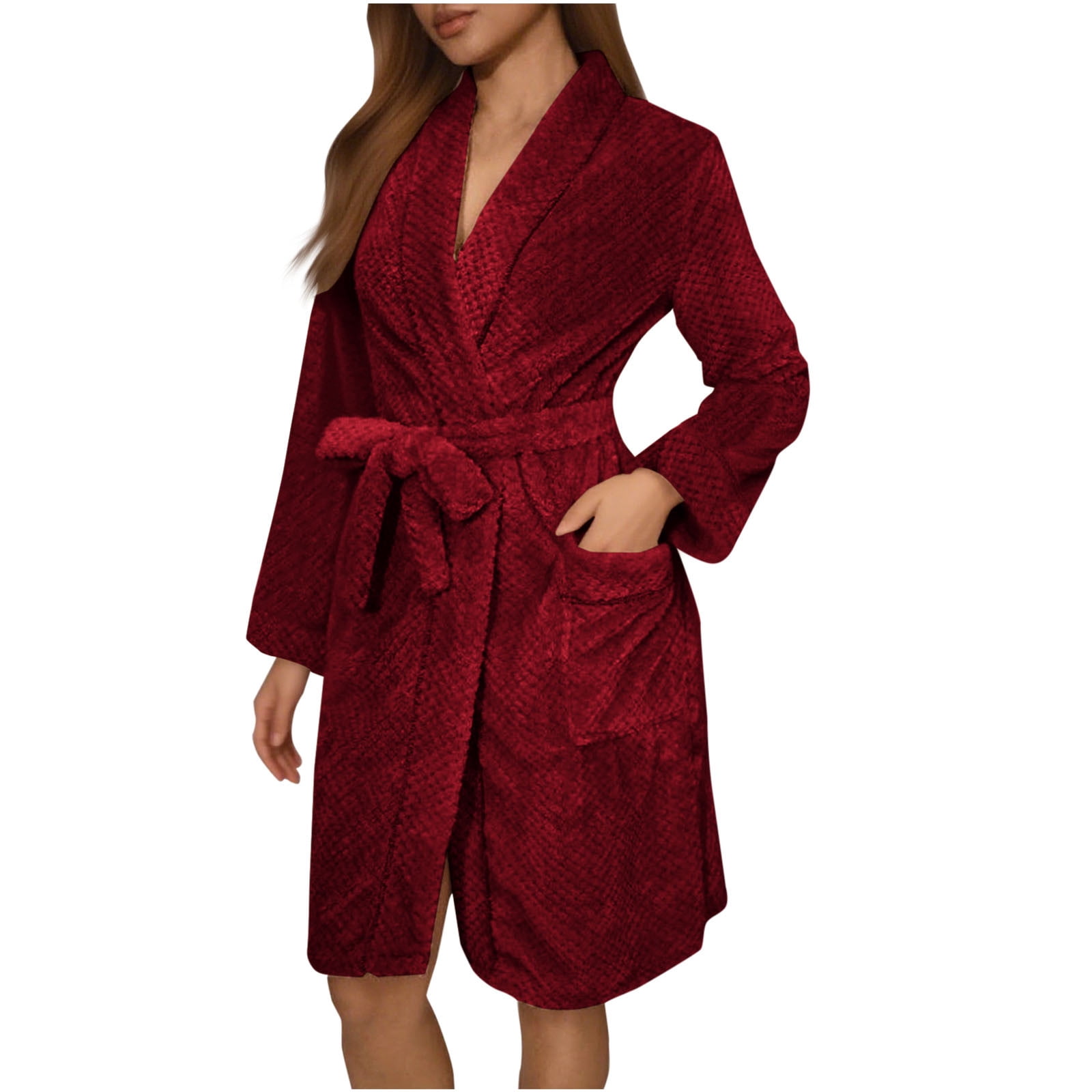 Mgmyaa Women's Long Sleeve Plush Robe Nightwear with Removable Tie Belt ...