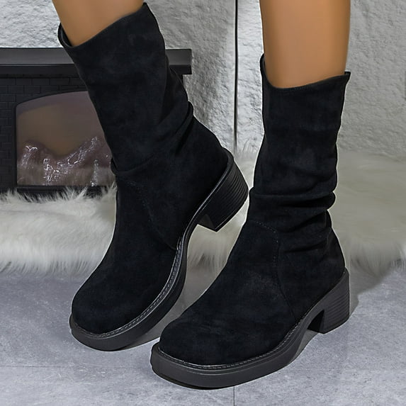 Mgmyaa Women's Mid Calf Boots Winter Warm Square Toe Fold Over ...