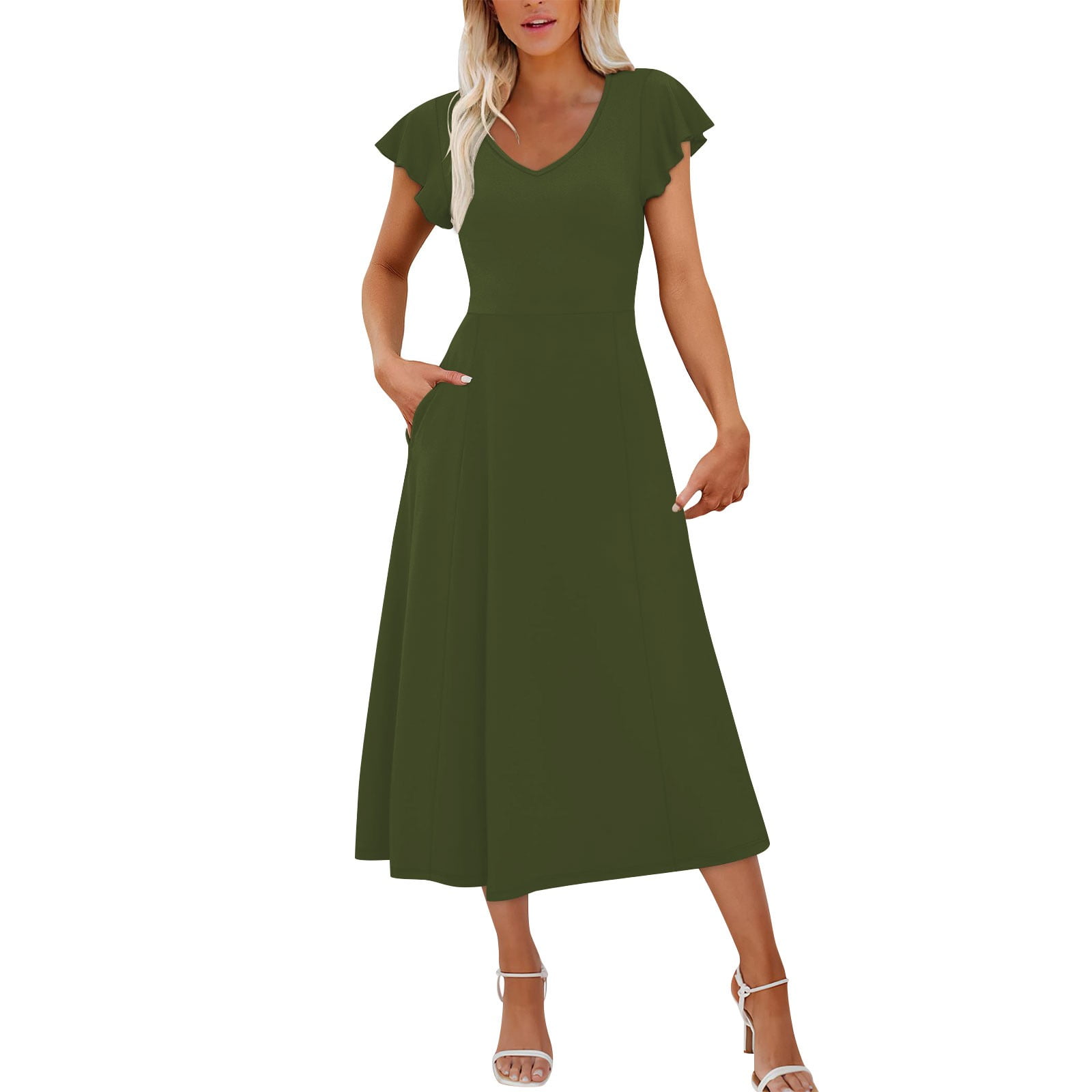 Mgmyaa Women's Summer Dress A-Line Tea-Length V-Neck Short Flutter ...