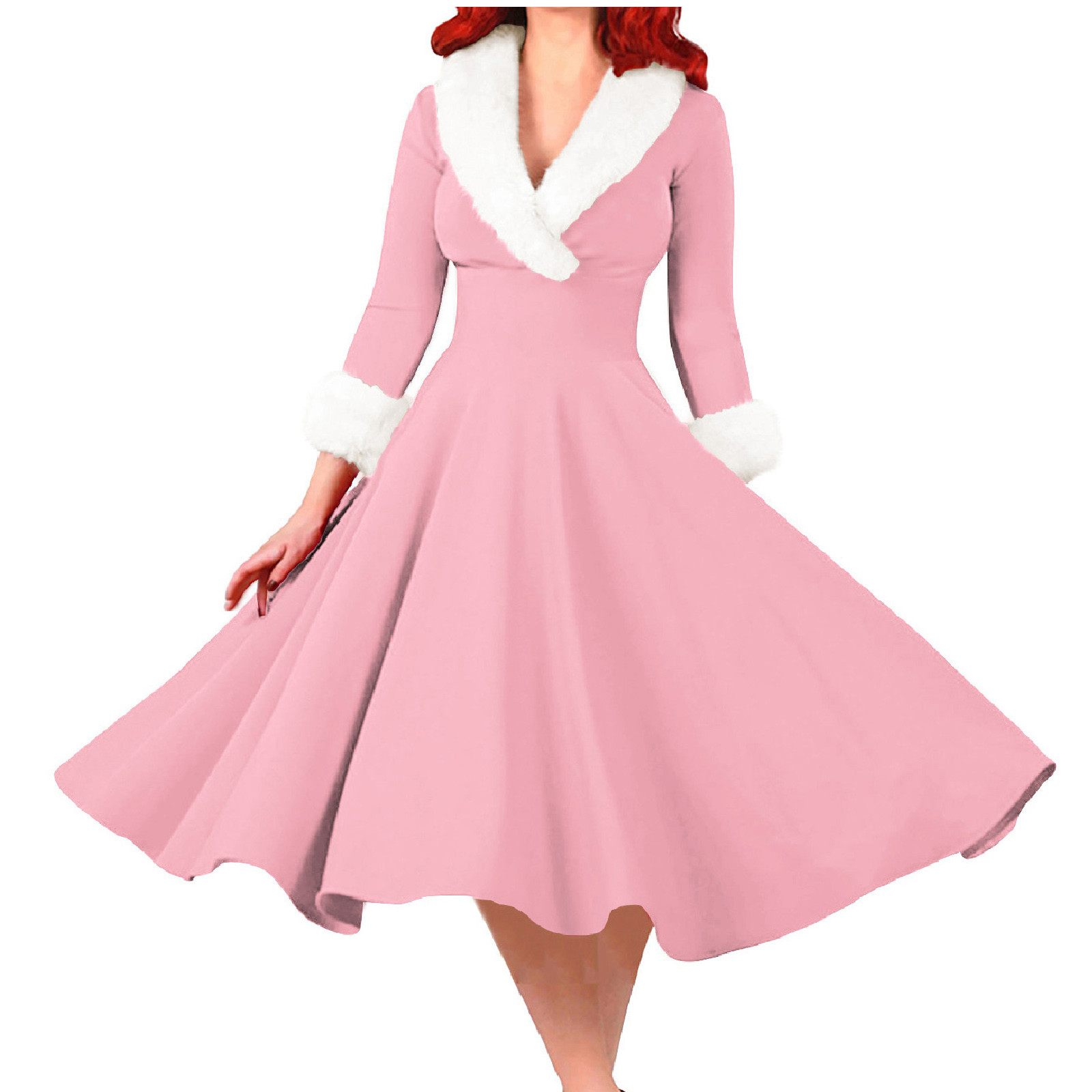 Mgmyaa Women's V-Neck Long Sleeve Winter Dress with Fur Collar, Elegant ...