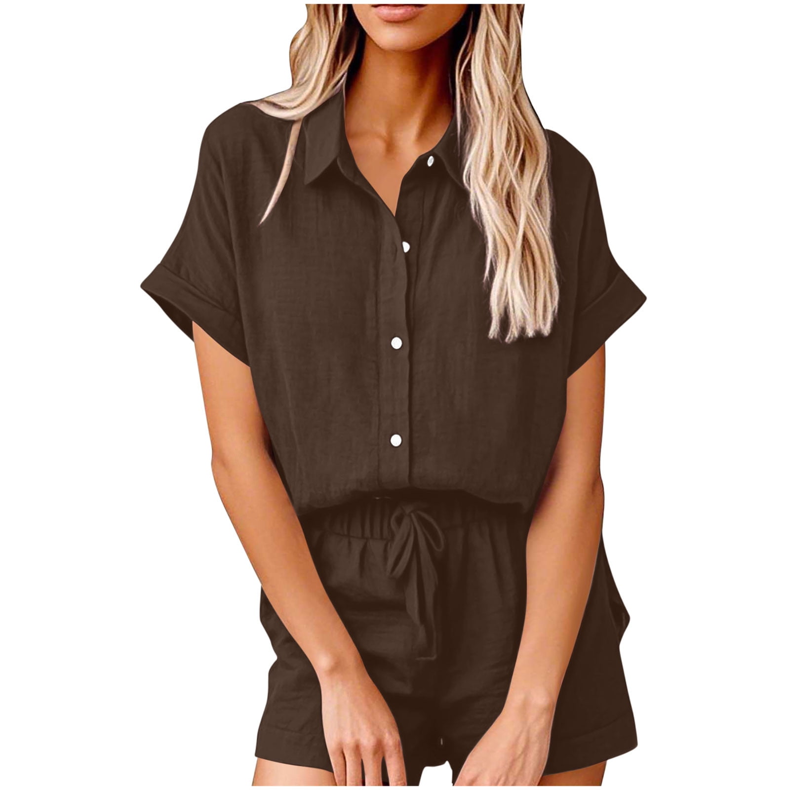 Mgmyaa Womens Cotton Linen Sets 2 Piece Tracksuit Button Down Short ...