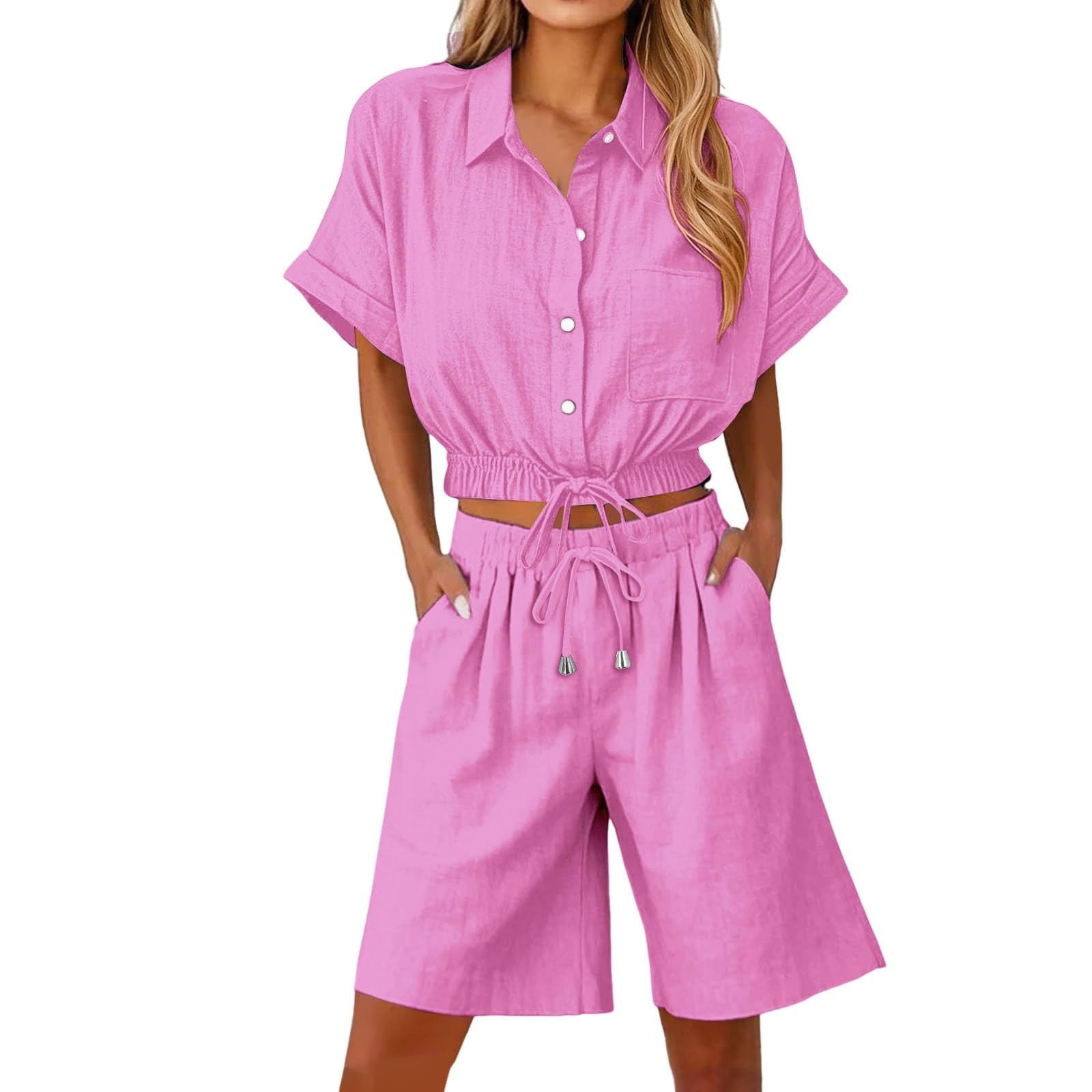 Mgmyaa Womens Sets 2 Piece Croped Button Down Short Sleeve Shirt and ...