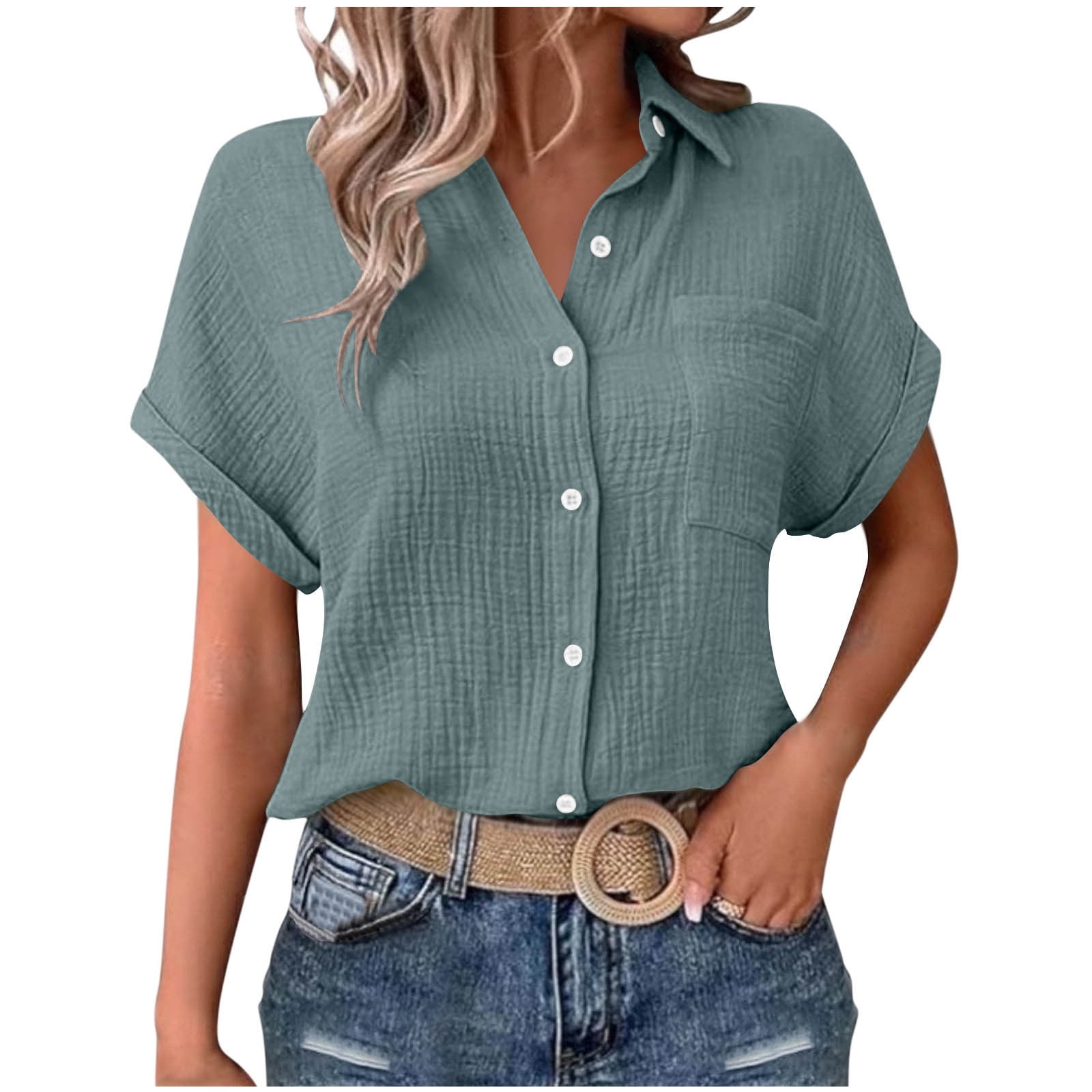 Mgmyaa Womens Short Sleeve Button Down Shirt Casual Loose Fit Blouses ...