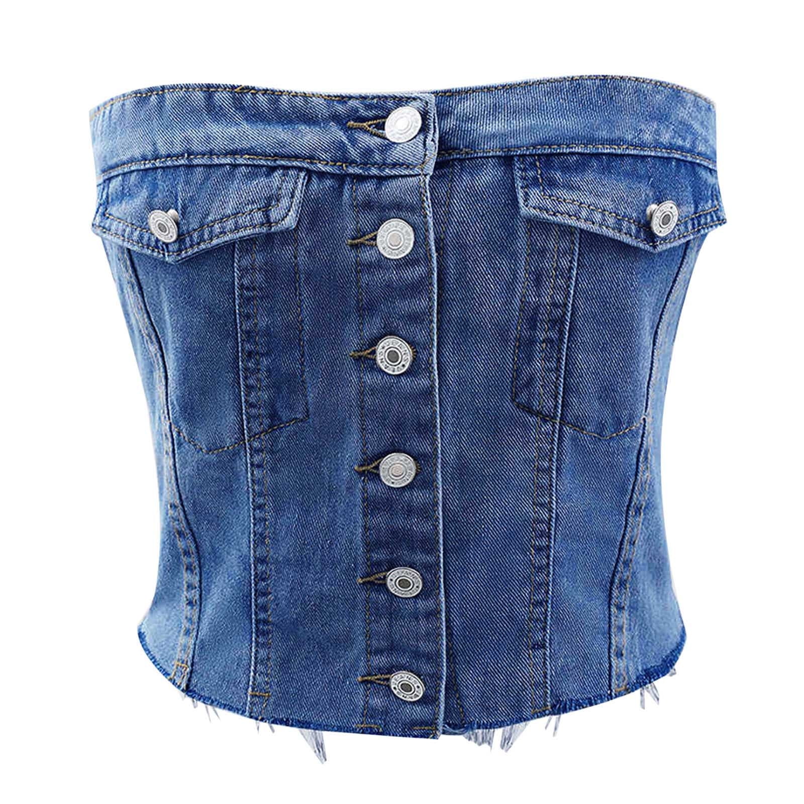 Mhoxuto Denim Corset Top for Women, Button Strapless Jean Tube Top Sexy ...