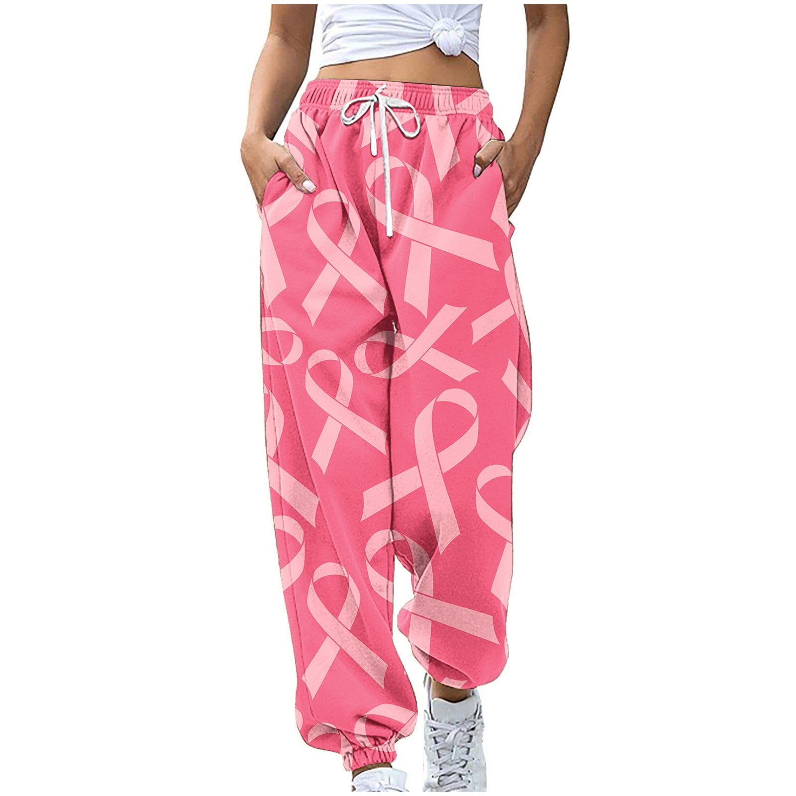 Mhoxuto Pink Ribbon Sweatpants for Women Fall Breast Cancer Baggy ...