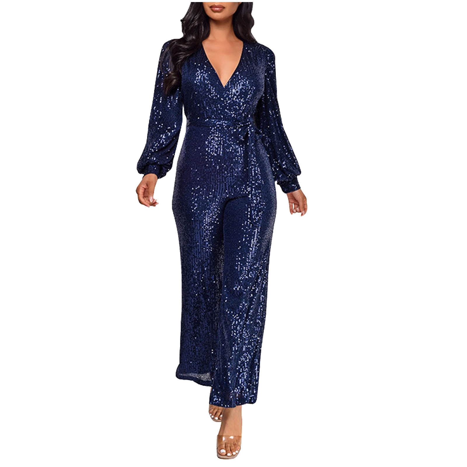 Mhoxuto Women Sequin Romper Sexy Wrap V Neck Long Sleeve Jumpsuit ...