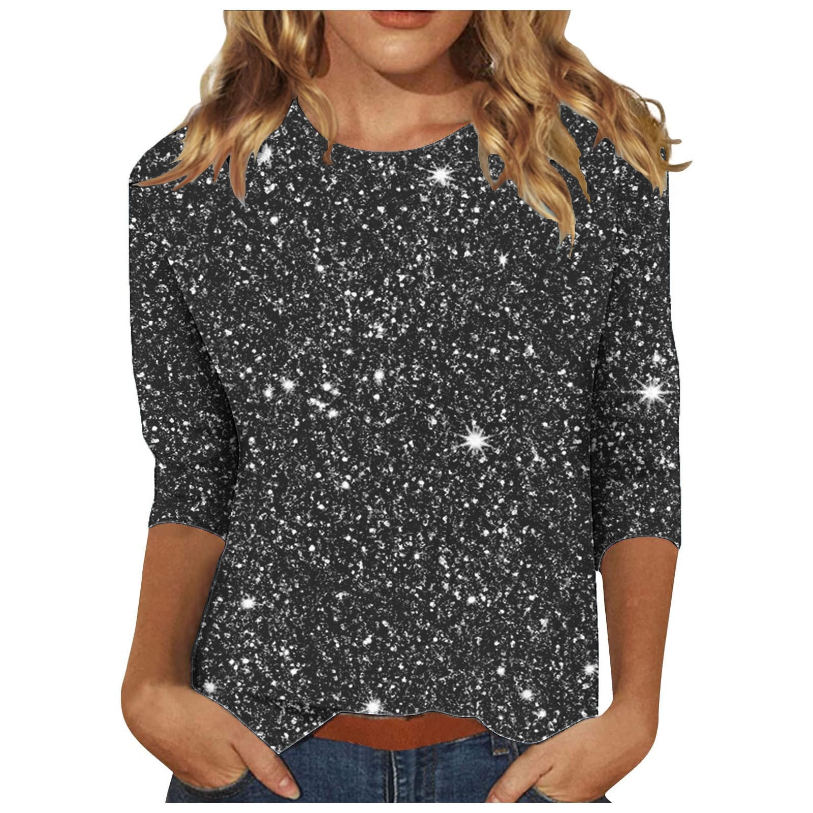 Mhoxuto Womens Sparkly Tops Casual 3/4 Length Sleeve Shirts Trendy ...