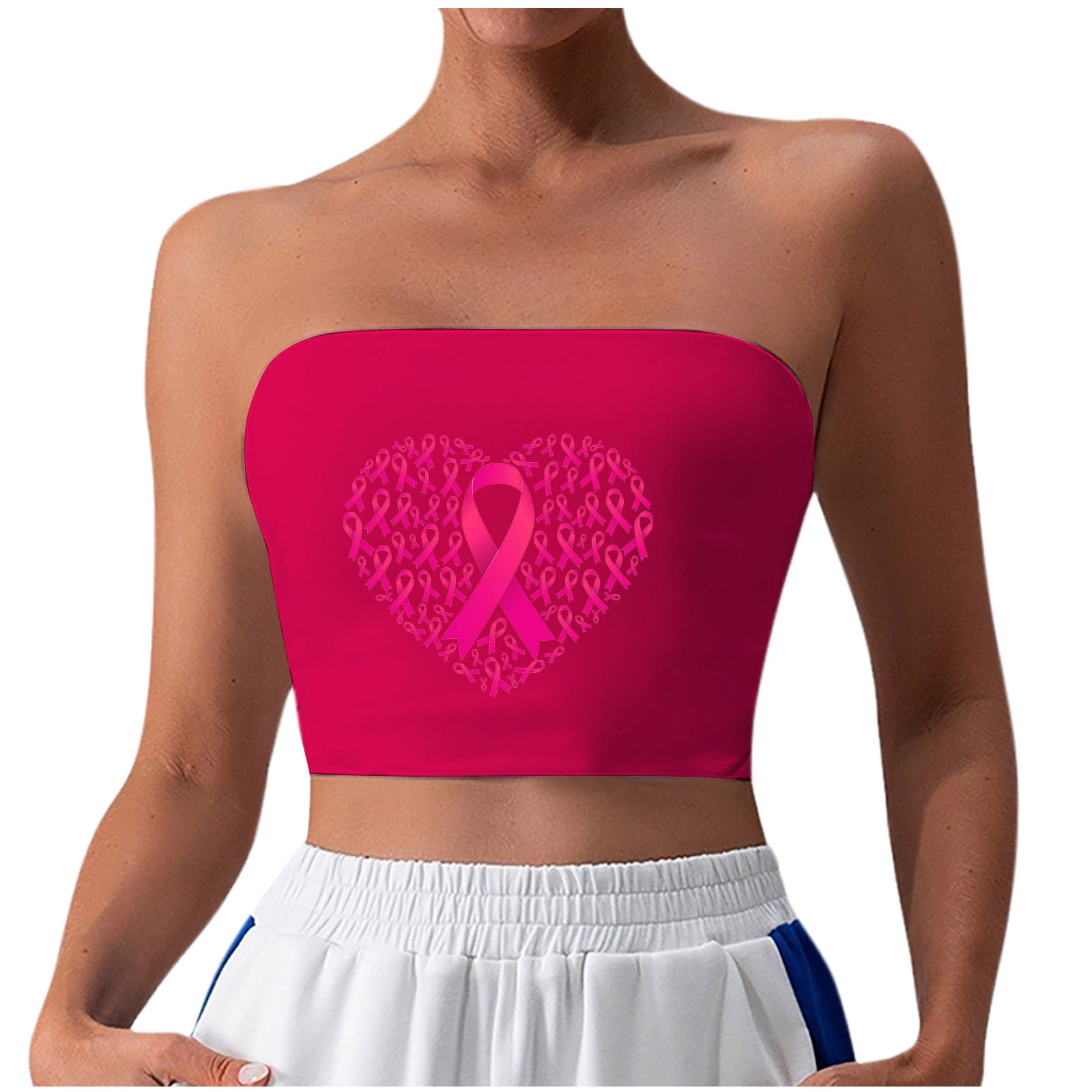 Mhoxuto Womens Strapless Tube Tops Breast Cancer Awareness Crop Tops ...