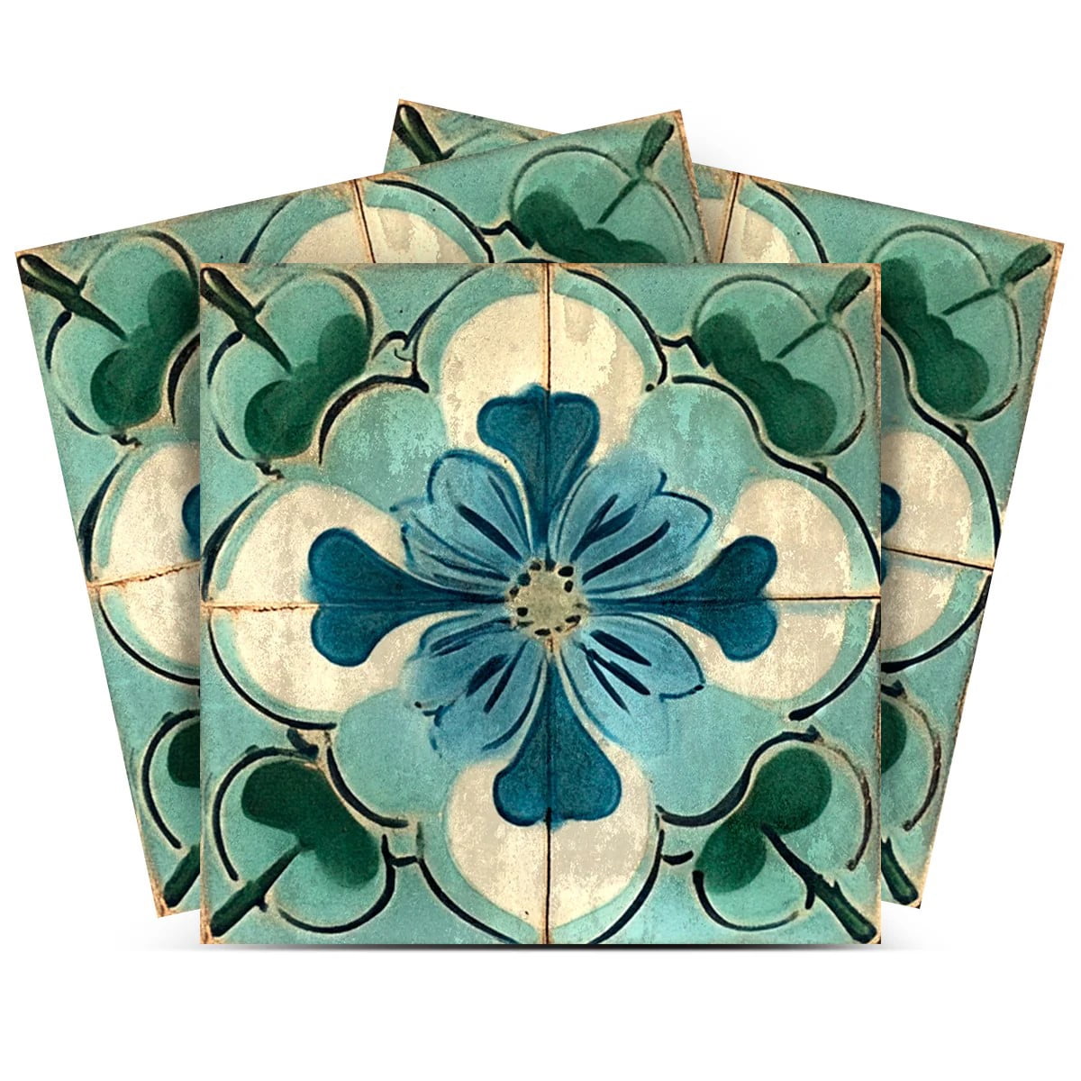Mi Alma Removable Vinyl Flower Green Blue Backsplash Tile Stickers ...