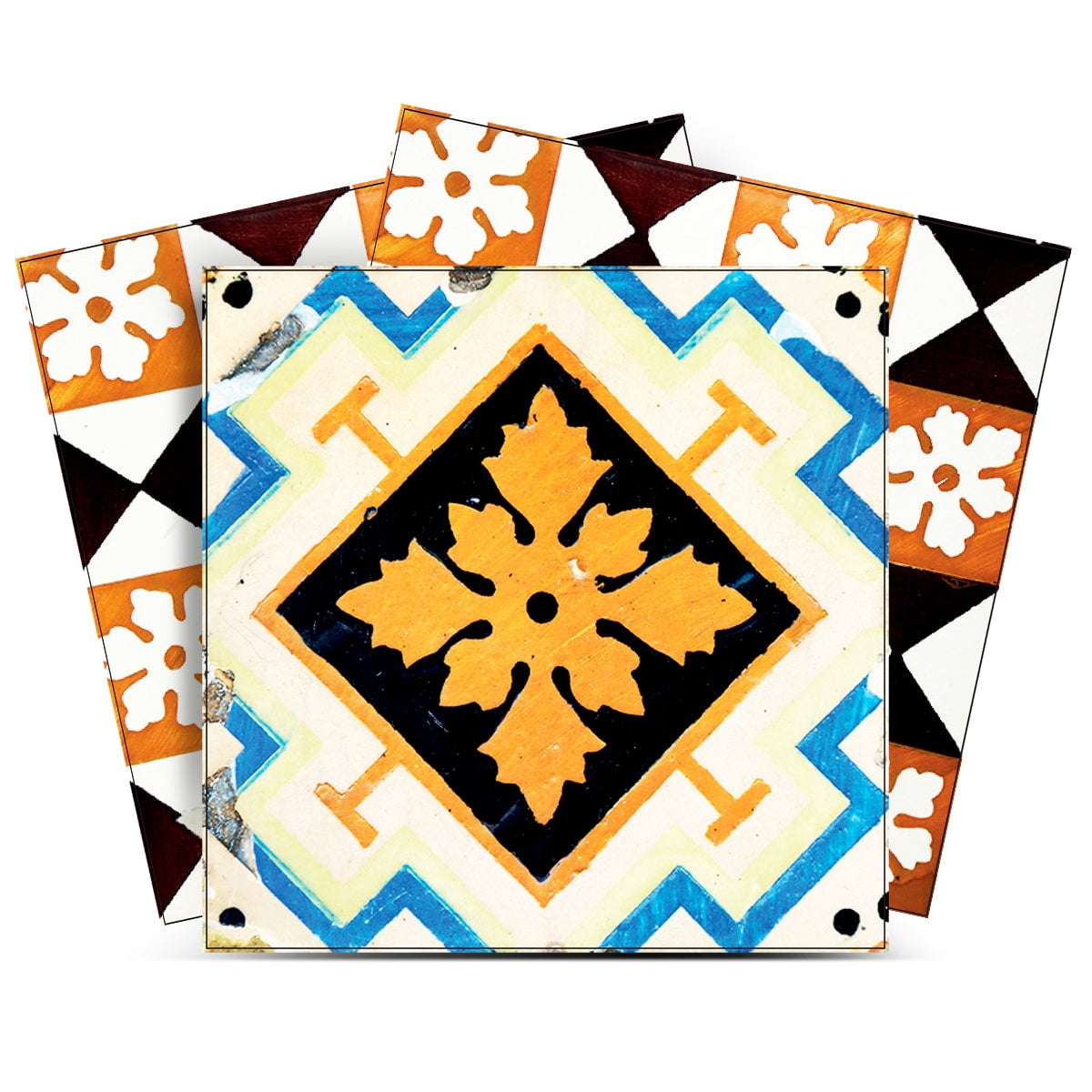 Mi Alma Removable Vinyl Retro Blue Orange Backsplash Tile Stickers ...