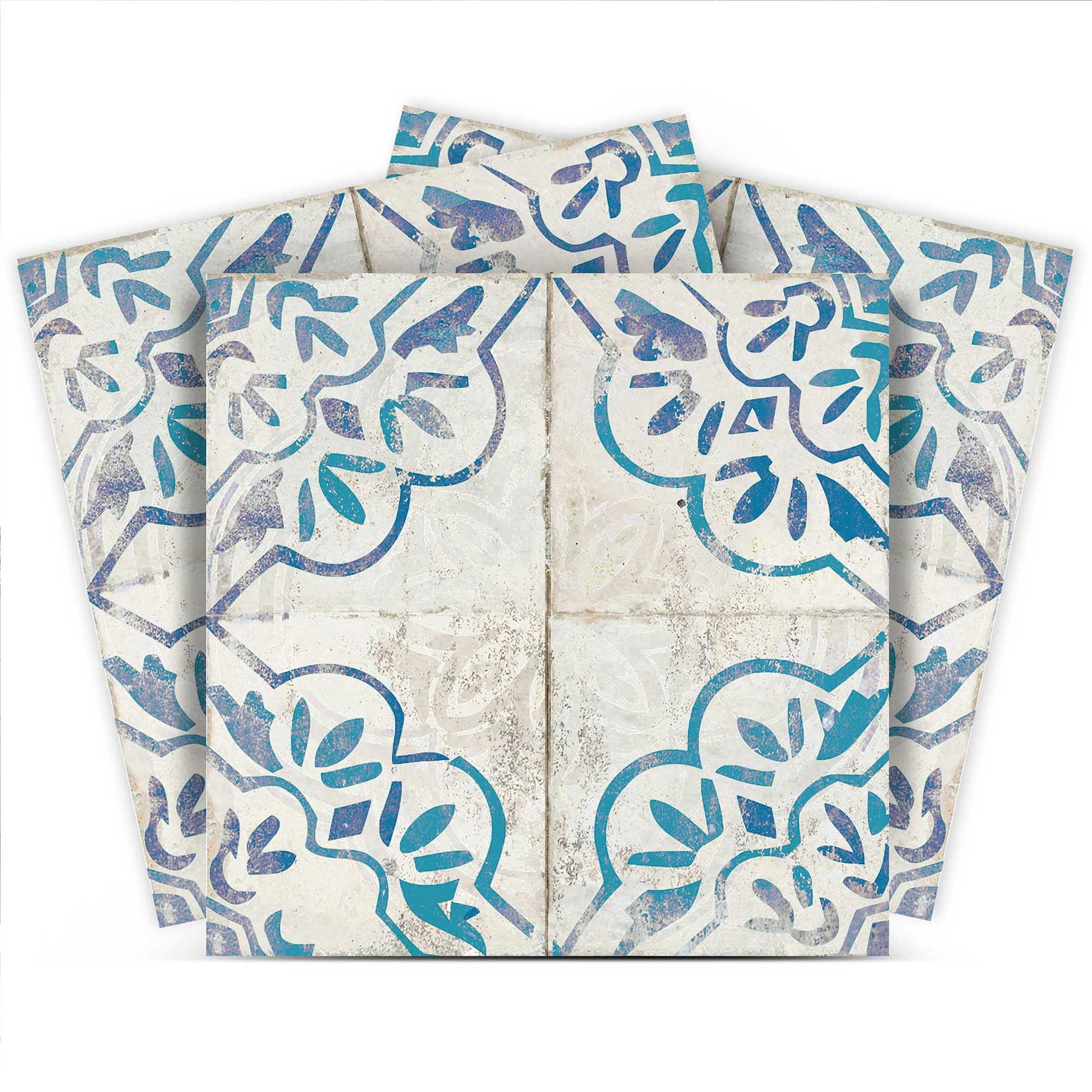 Mi Alma Removable Vinyl Vintage Flower Blue Backsplash Tile Stickers ...