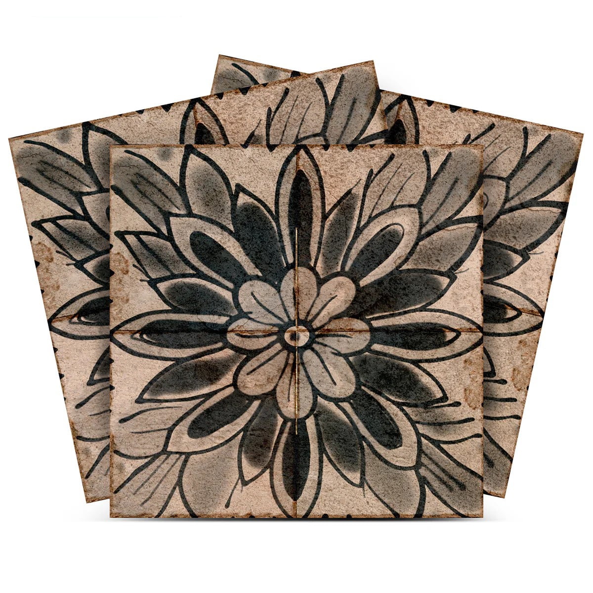 Mi Alma Vintage Floral Brown/Black Tile Stickers - Removable Vinyl 4x4 ...