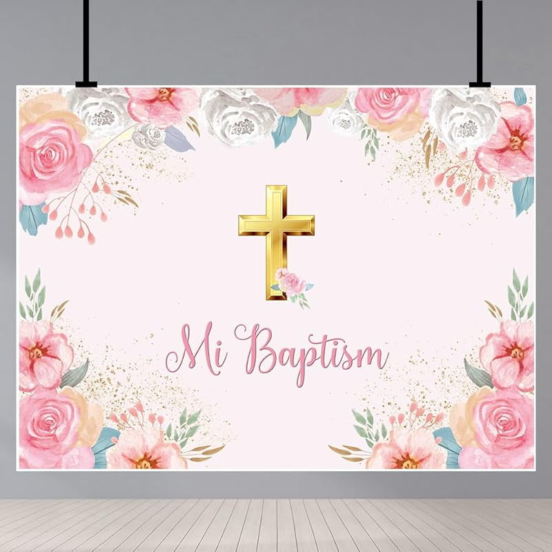 Mi Baptism Backdrops Pink Watercolor Floral Gold Cross Photo Background ...