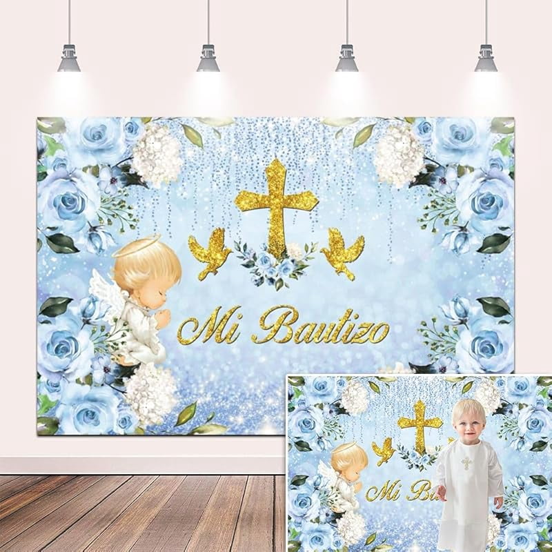 Mi Bautizo Backdrop Blue Floral Gold Cross Angel Background Boy Baptism ...