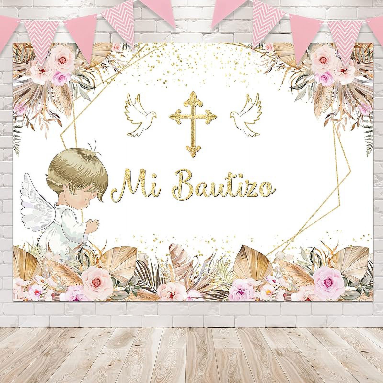 Mi Bautizo Backdrop Boho Baptism God Bless First Holy Communion ...